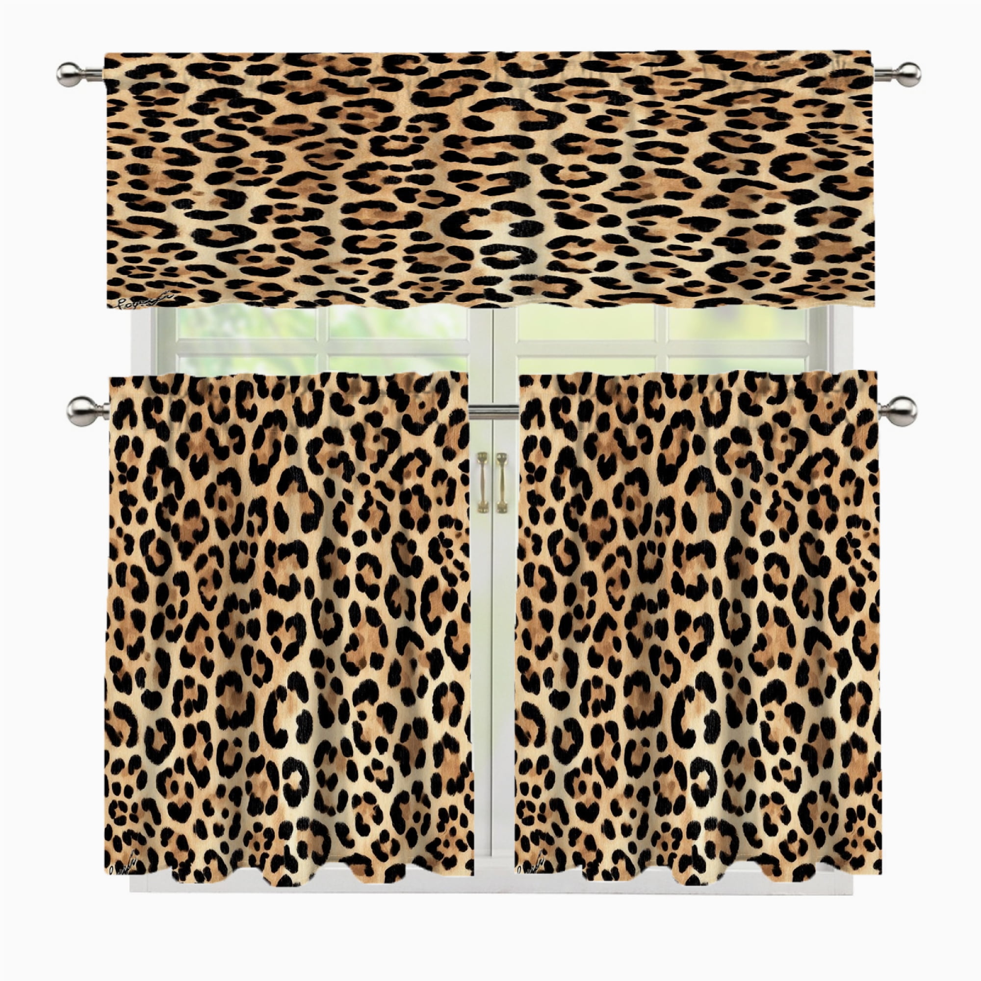 3 Pcs Kitchen Curtains Valance and Tiers Set Leopard print tan black ...