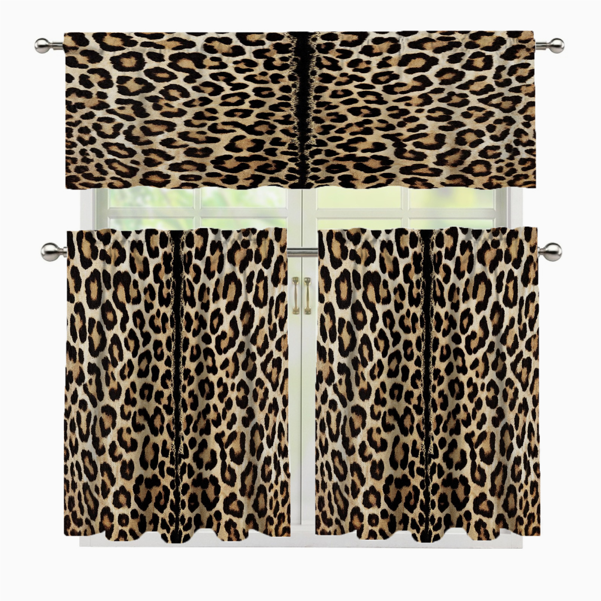 3 Pcs Kitchen Curtains Valance and Tiers Set Leopard print textured ...