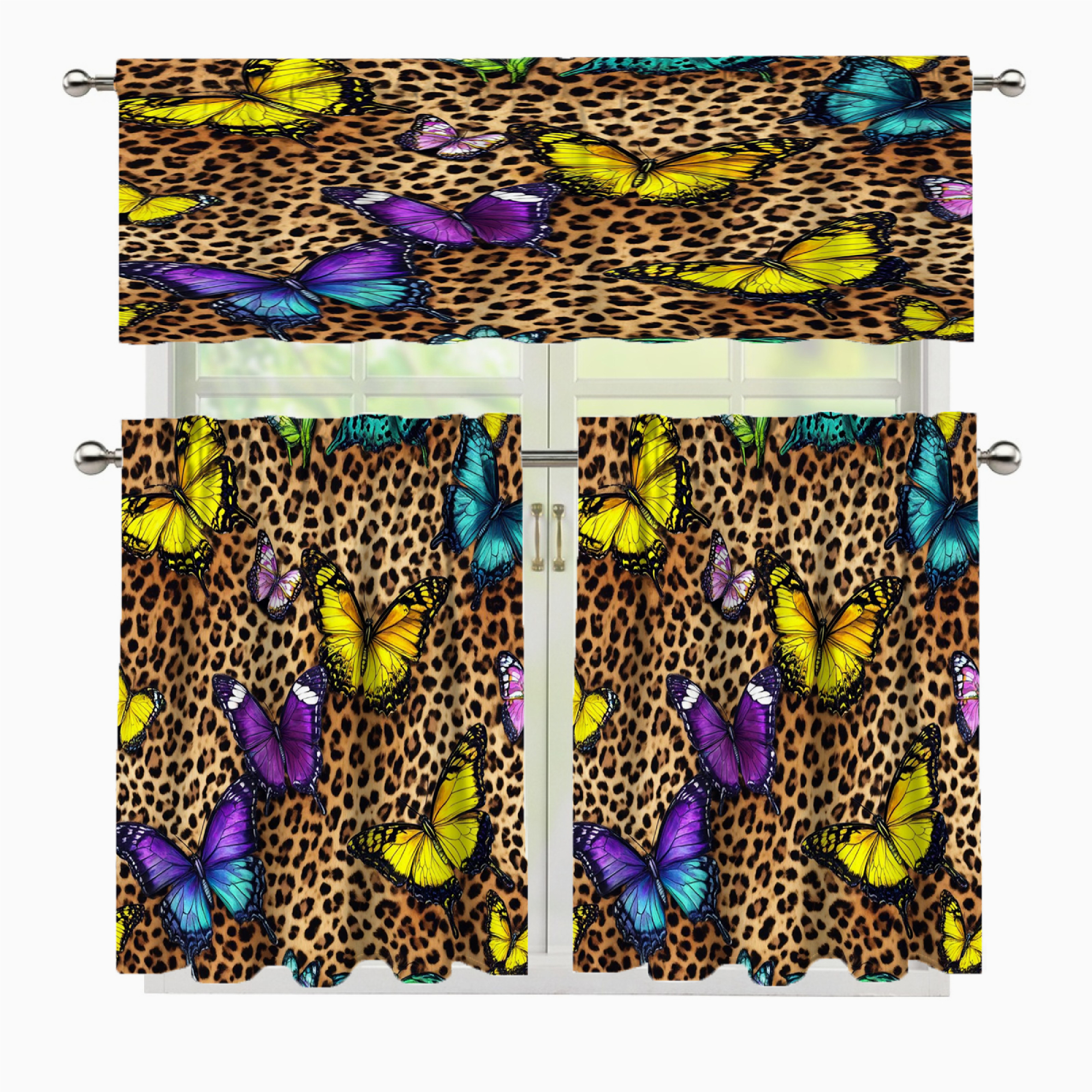 3 Pcs Kitchen Curtains Valance and Tiers Set Leopard print vibrant ...