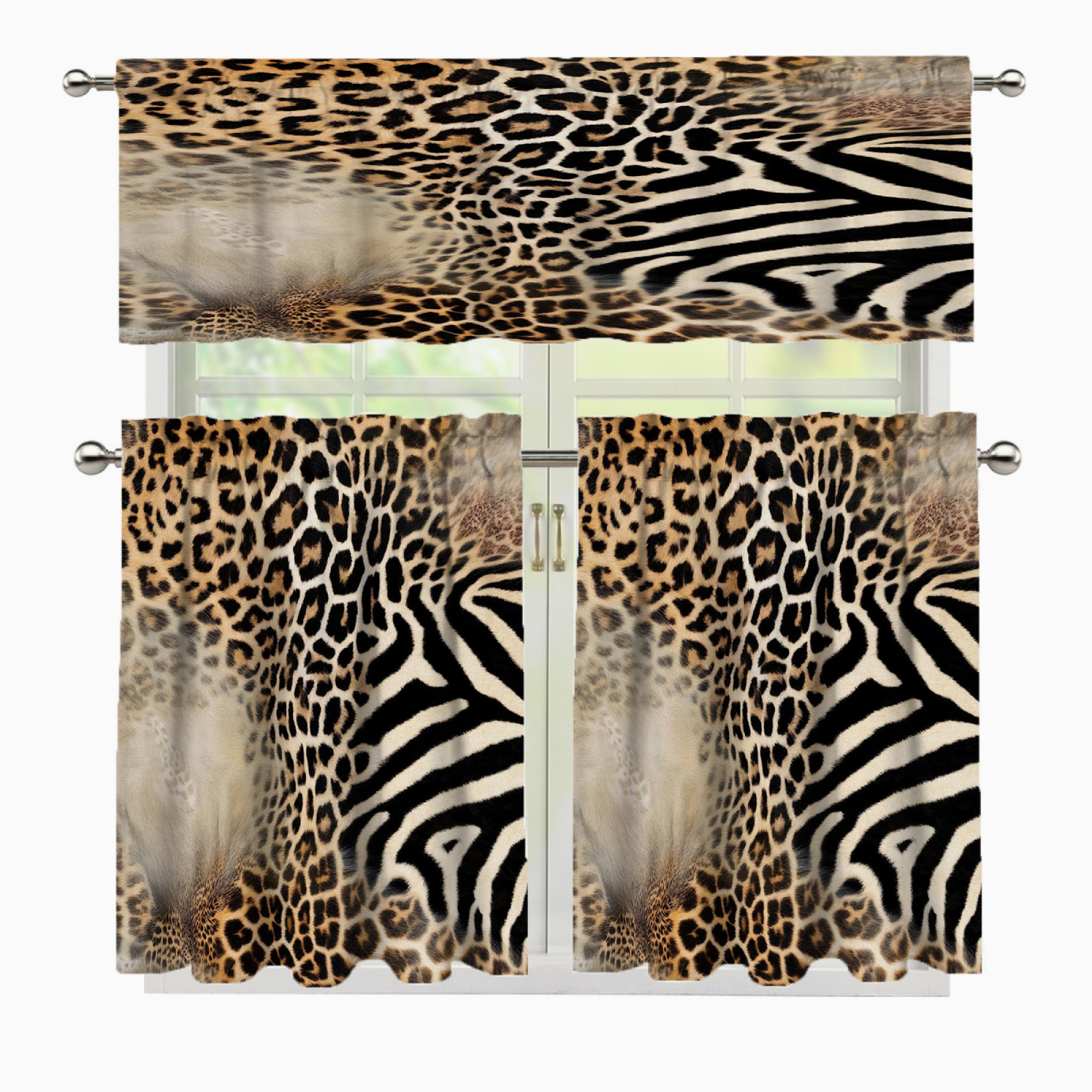3 Pcs Kitchen Curtains Valance and Tiers Set Leopard zebra animal print ...