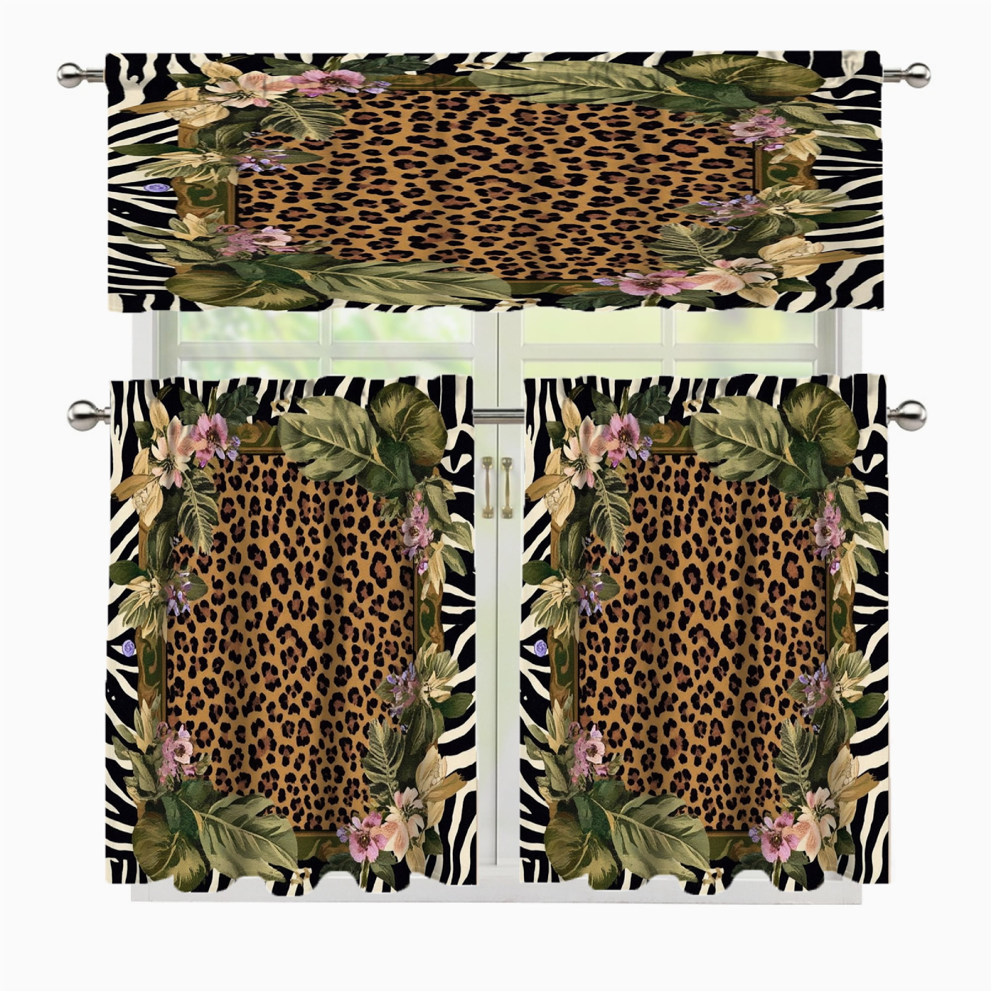 3 Pcs Kitchen Curtains Valance and Tiers Set Leopard zebra floral ...