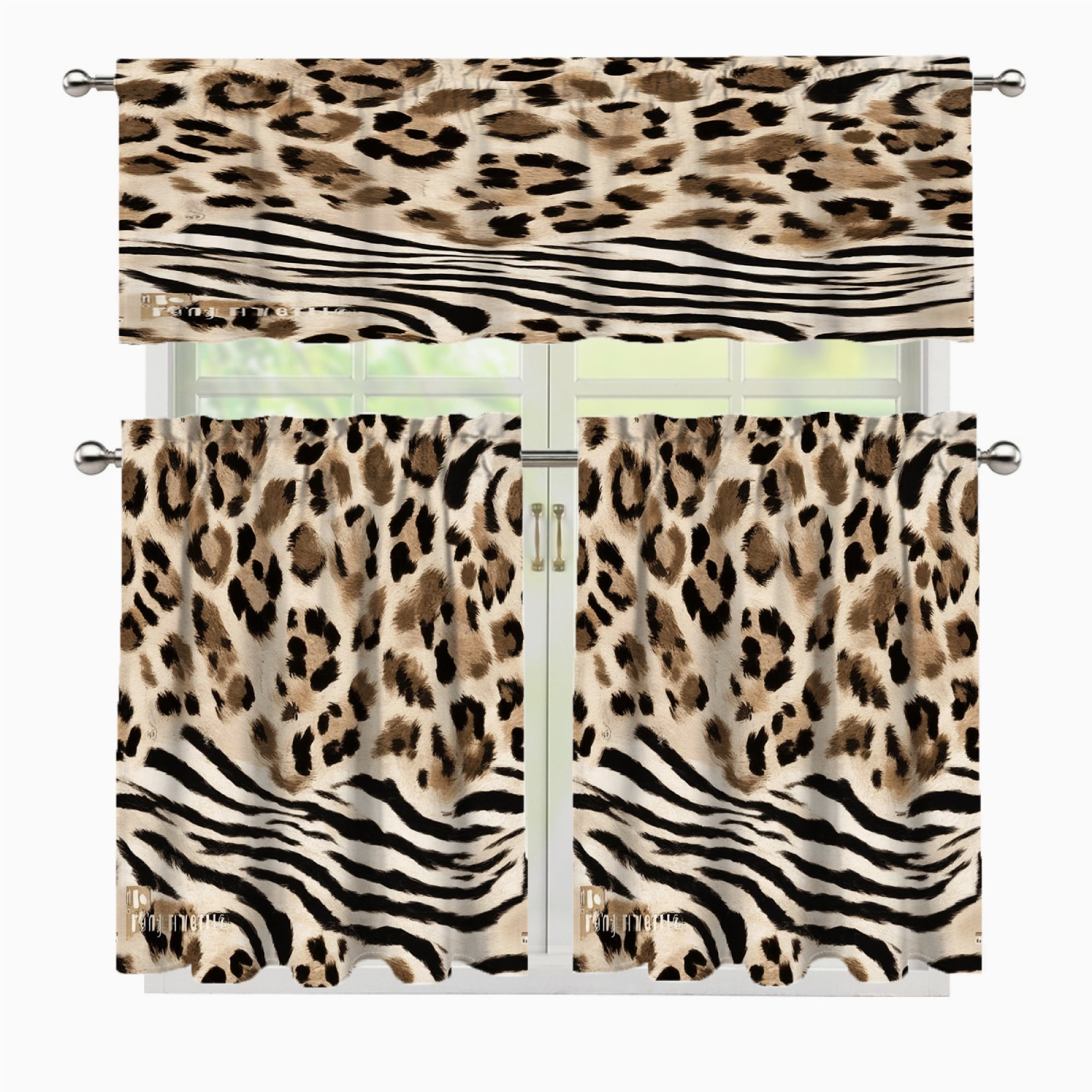 3 Pcs Kitchen Curtains Valance and Tiers Set Leopard zebra mixed print ...