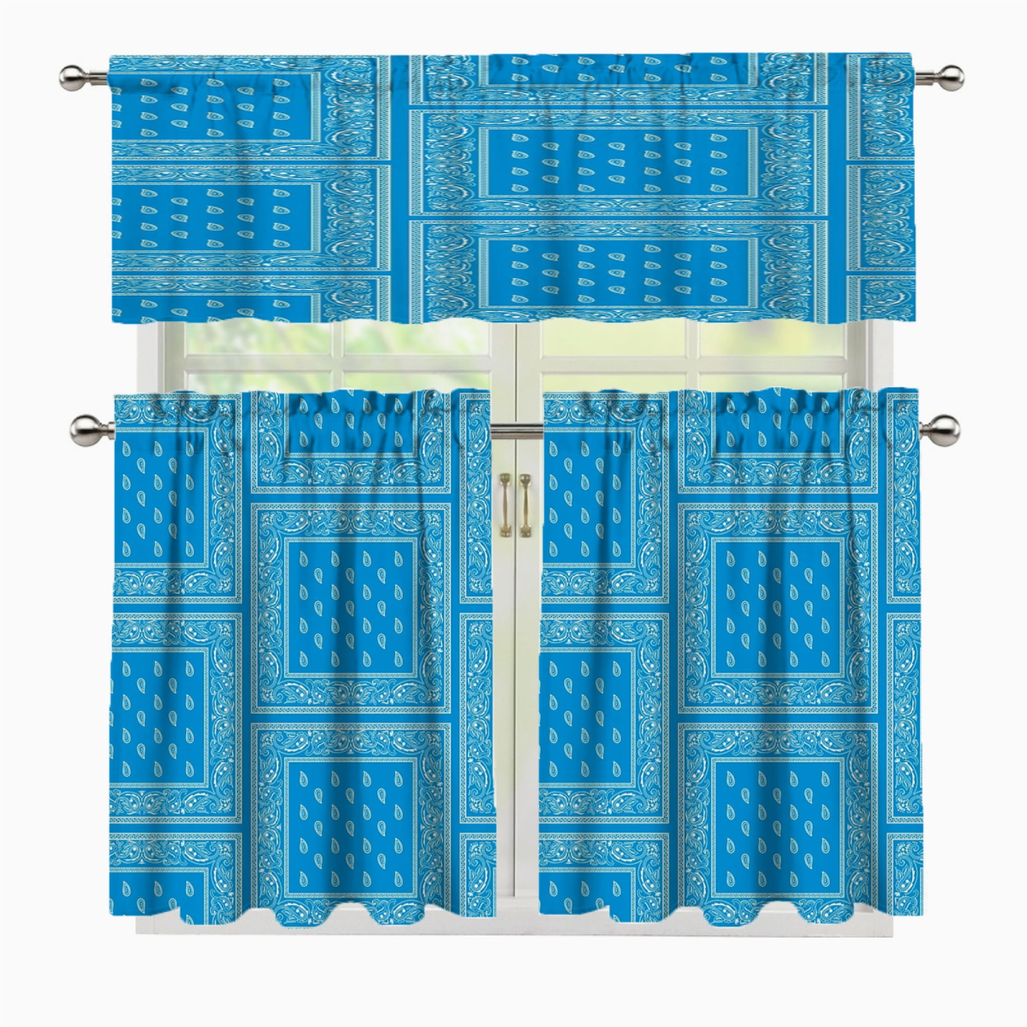 3 Pcs Kitchen Curtains Valance and Tiers Set Light Blue Bandana For ...