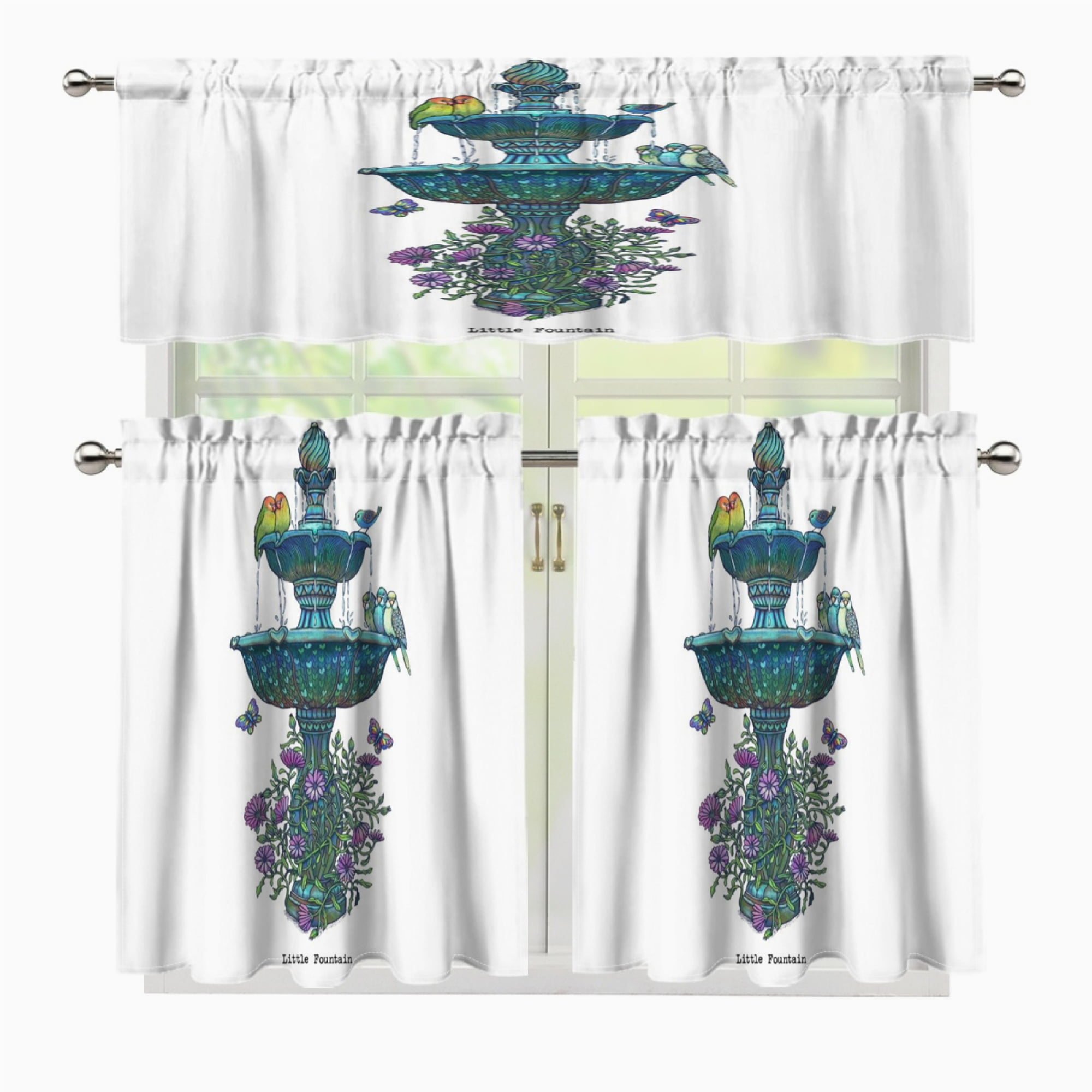 3 Pcs Kitchen Curtains Valance and Tiers Set Little Fountain For Cafe ...
