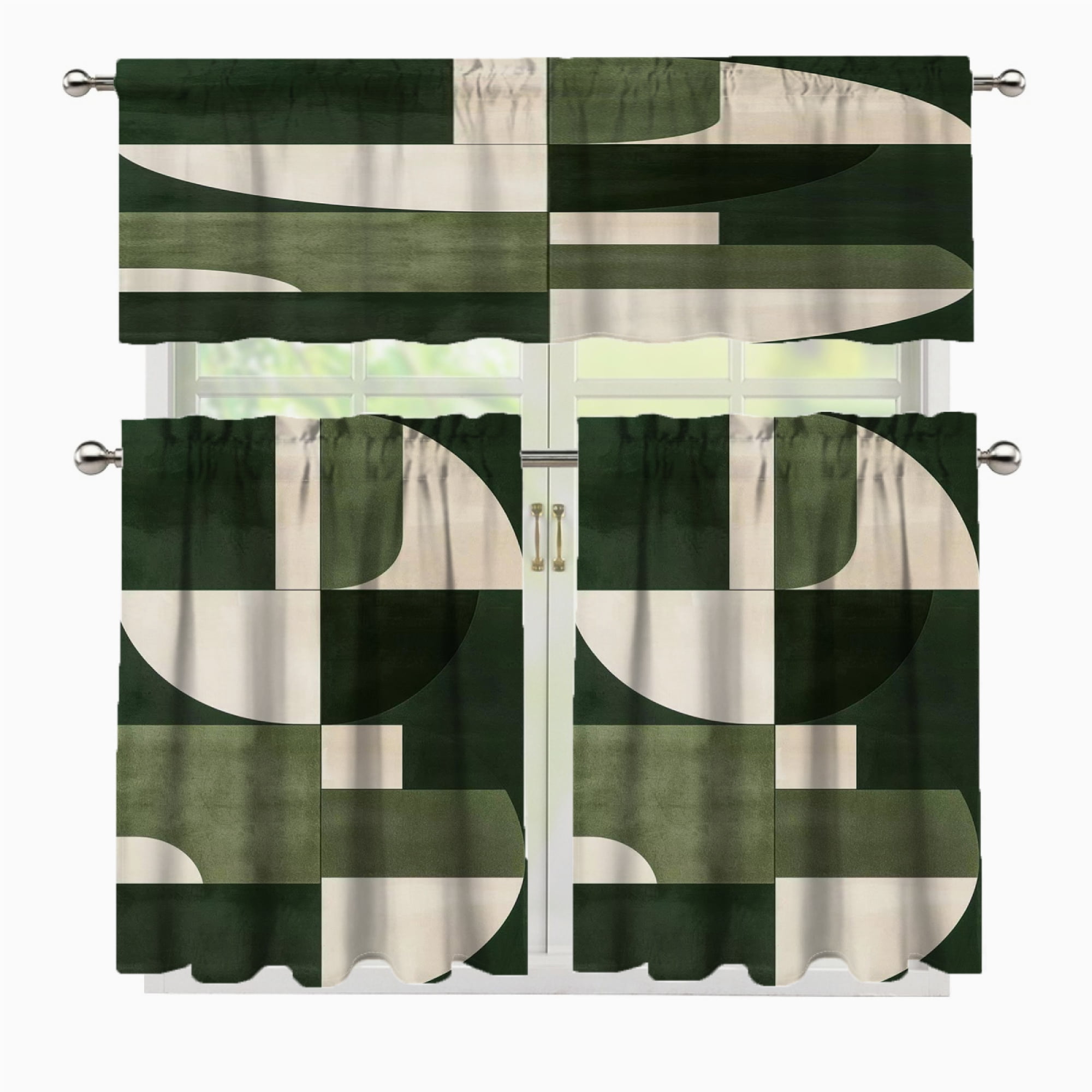 3 Pcs Kitchen Curtains Valance and Tiers Set Luxury Sage Green Beige ...