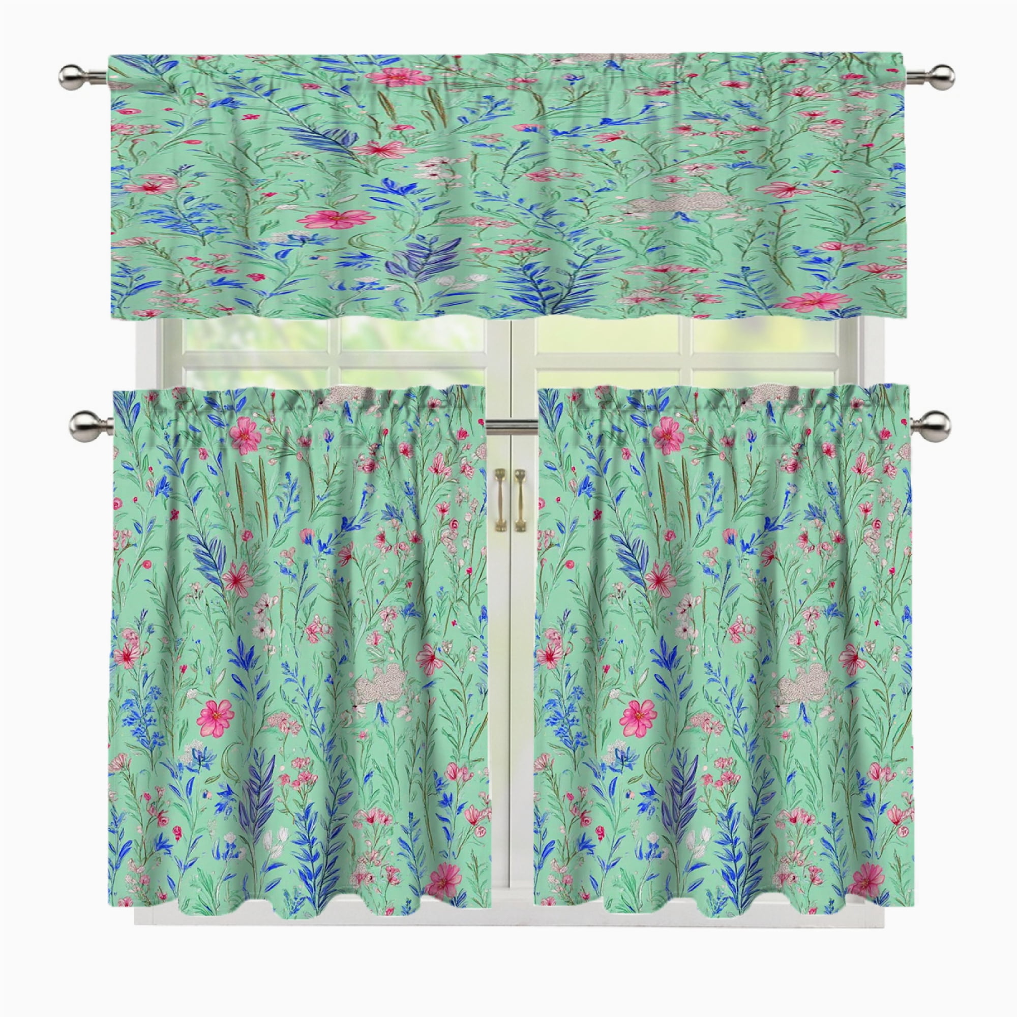 3 Pcs Kitchen Curtains Valance and Tiers Set Mint green floral textile ...