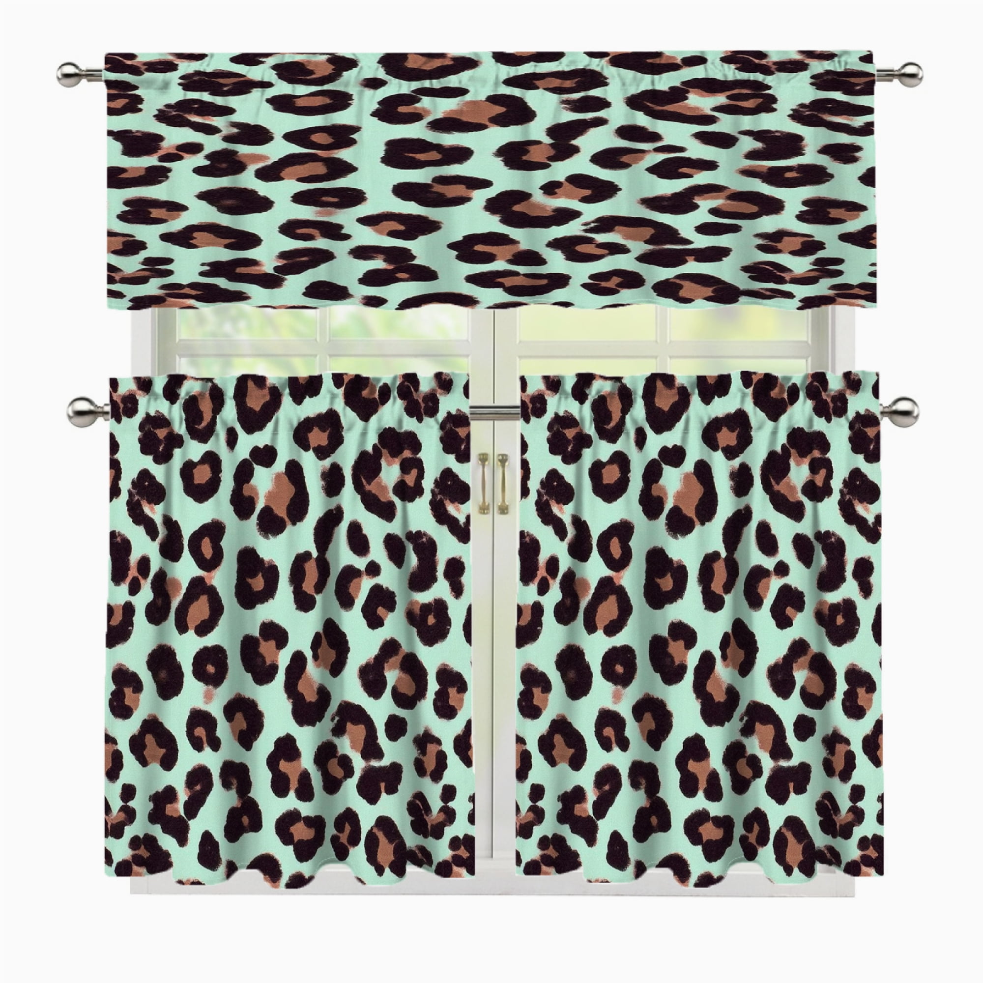 3 Pcs Kitchen Curtains Valance and Tiers Set Mint green leopard print ...