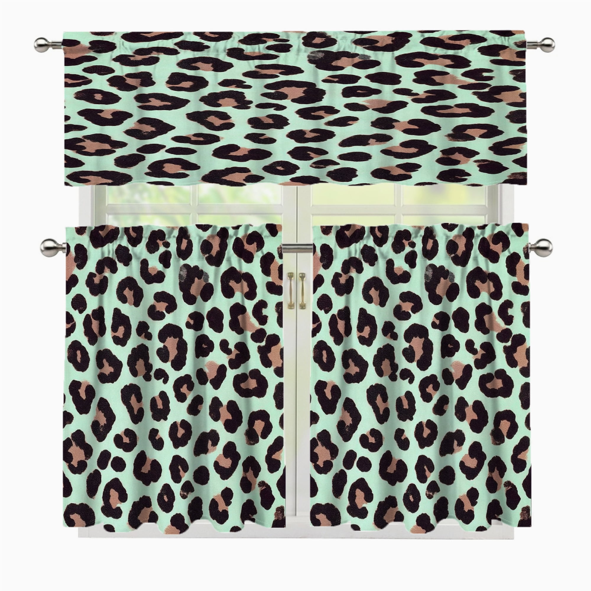 3 Pcs Kitchen Curtains Valance and Tiers Set Mint green leopard print ...