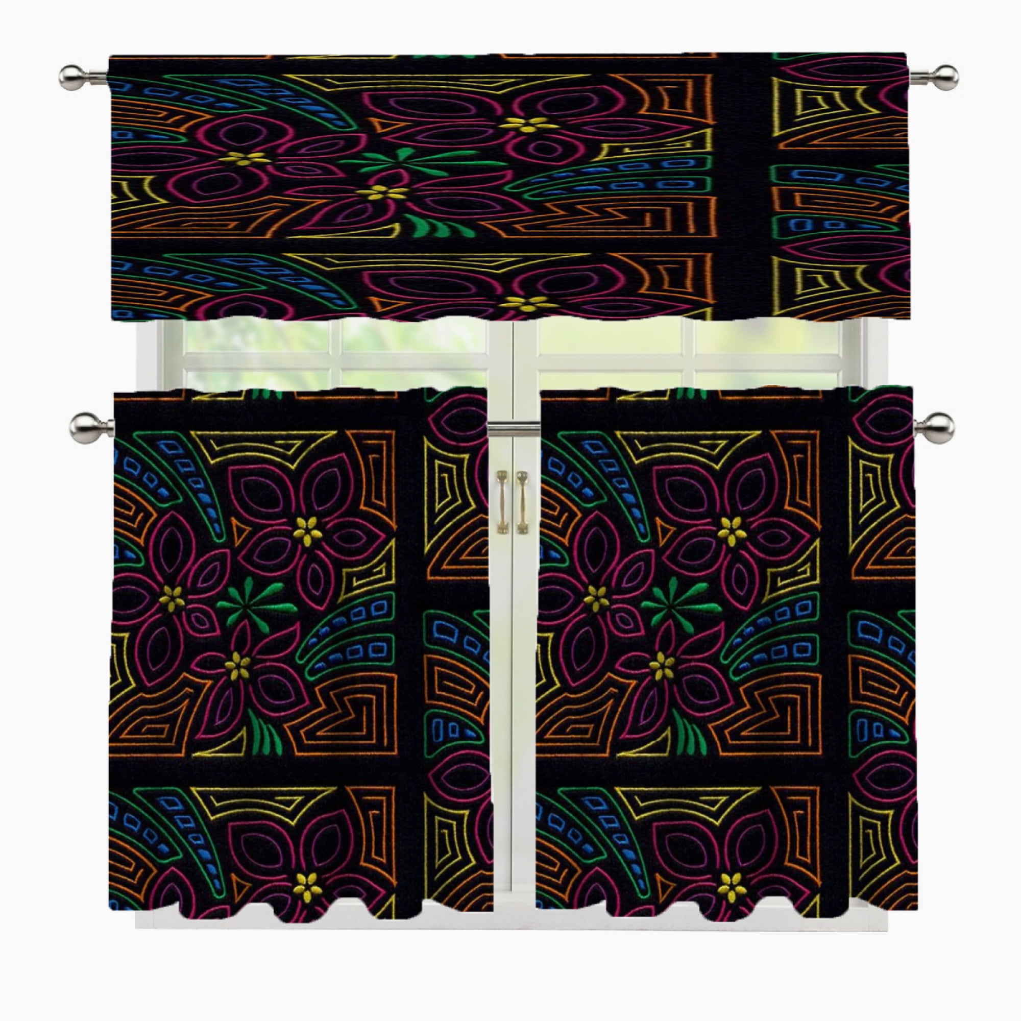 3 Pcs Kitchen Curtains Valance and Tiers Set Mola de Panama (3) For ...