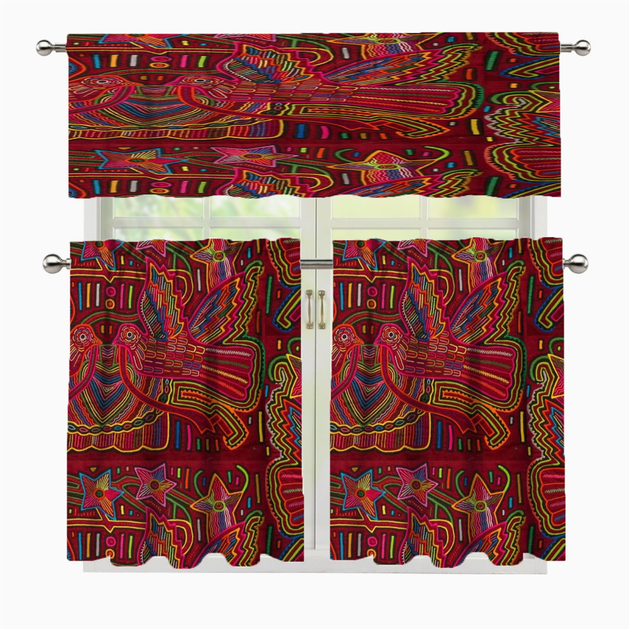 3 Pcs Kitchen Curtains Valance and Tiers Set Mola de Panama Bird Flower ...