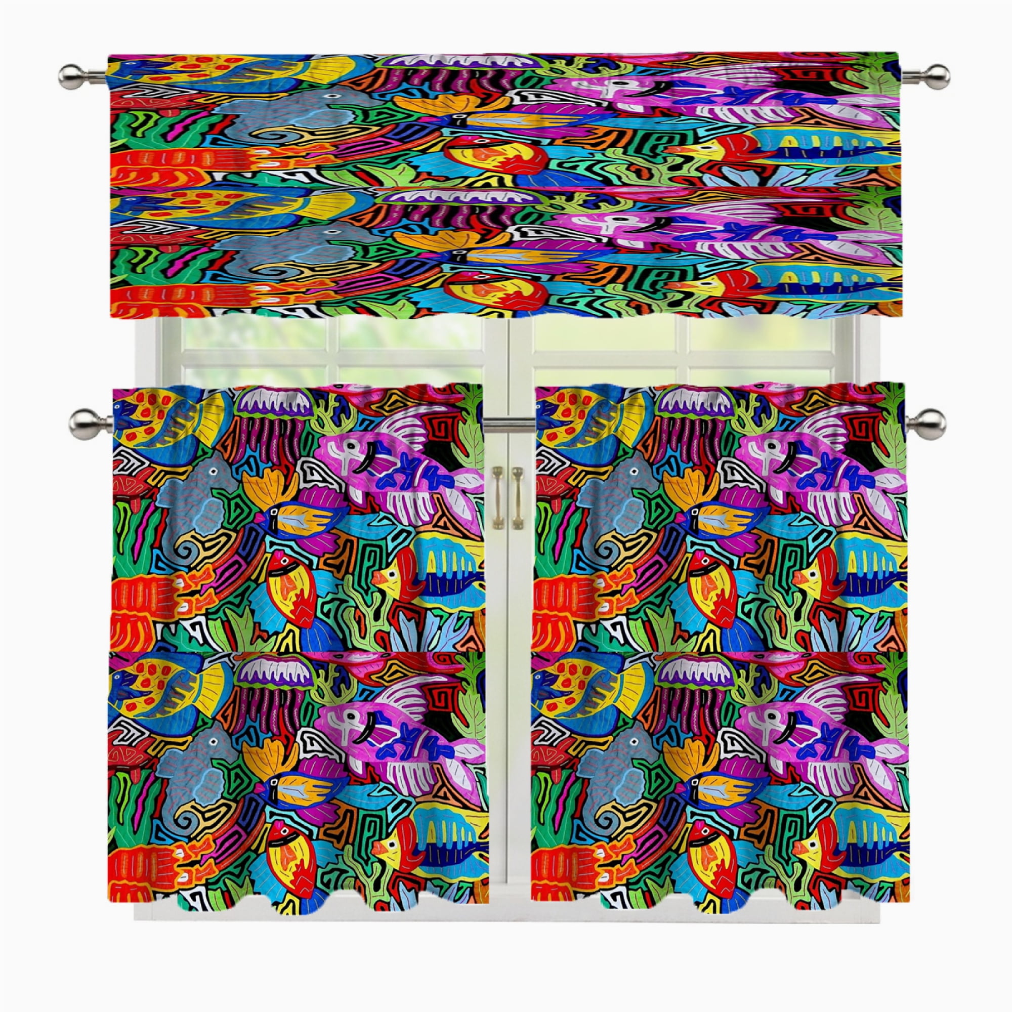 3 Pcs Kitchen Curtains Valance and Tiers Set Mola de Panama Ocean For ...