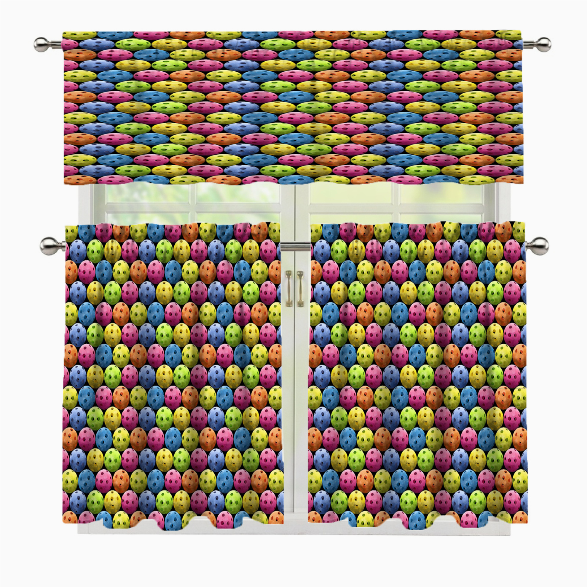 3 Pcs Kitchen Curtains Valance and Tiers Set Multi colored Pickleballs ...