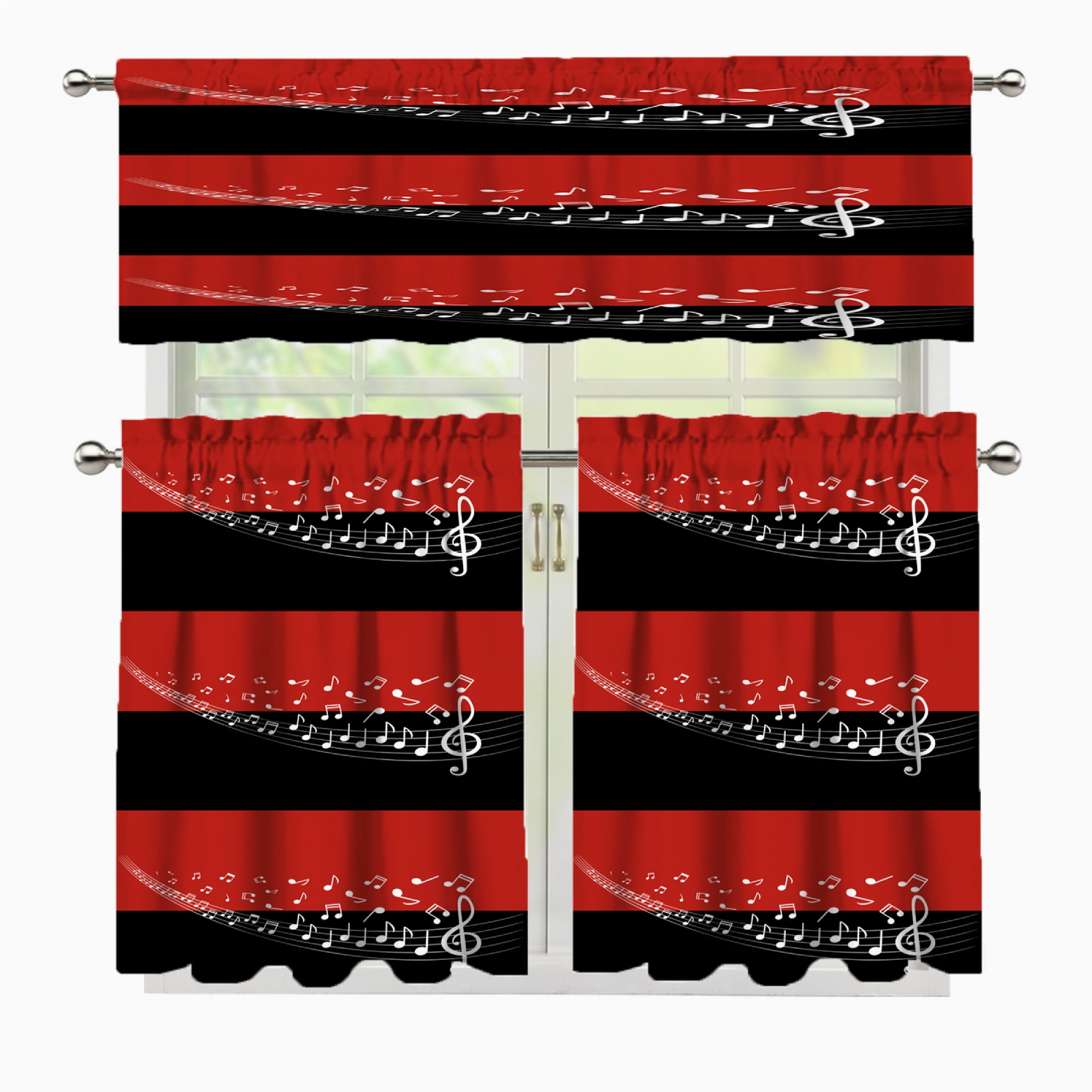 3 Pcs Kitchen Curtains Valance and Tiers Set Musical Notes Red and ...