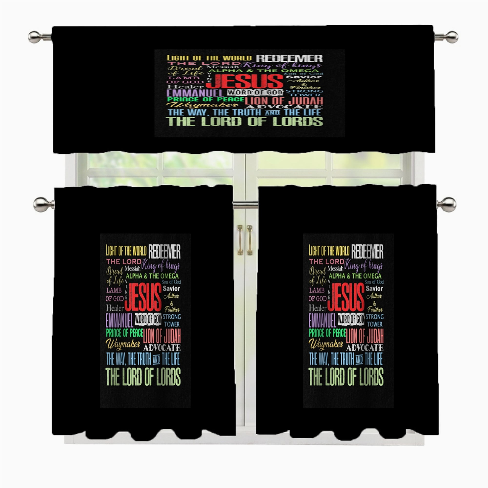3 Pcs Kitchen Curtains Valance and Tiers Set Names of God Lord Jesus ...