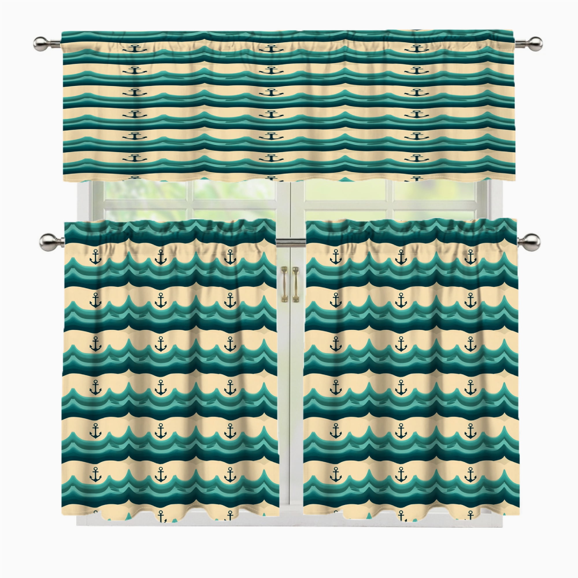 3 Pcs Kitchen Curtains Valance and Tiers Set Nautical Anchor Wave ...