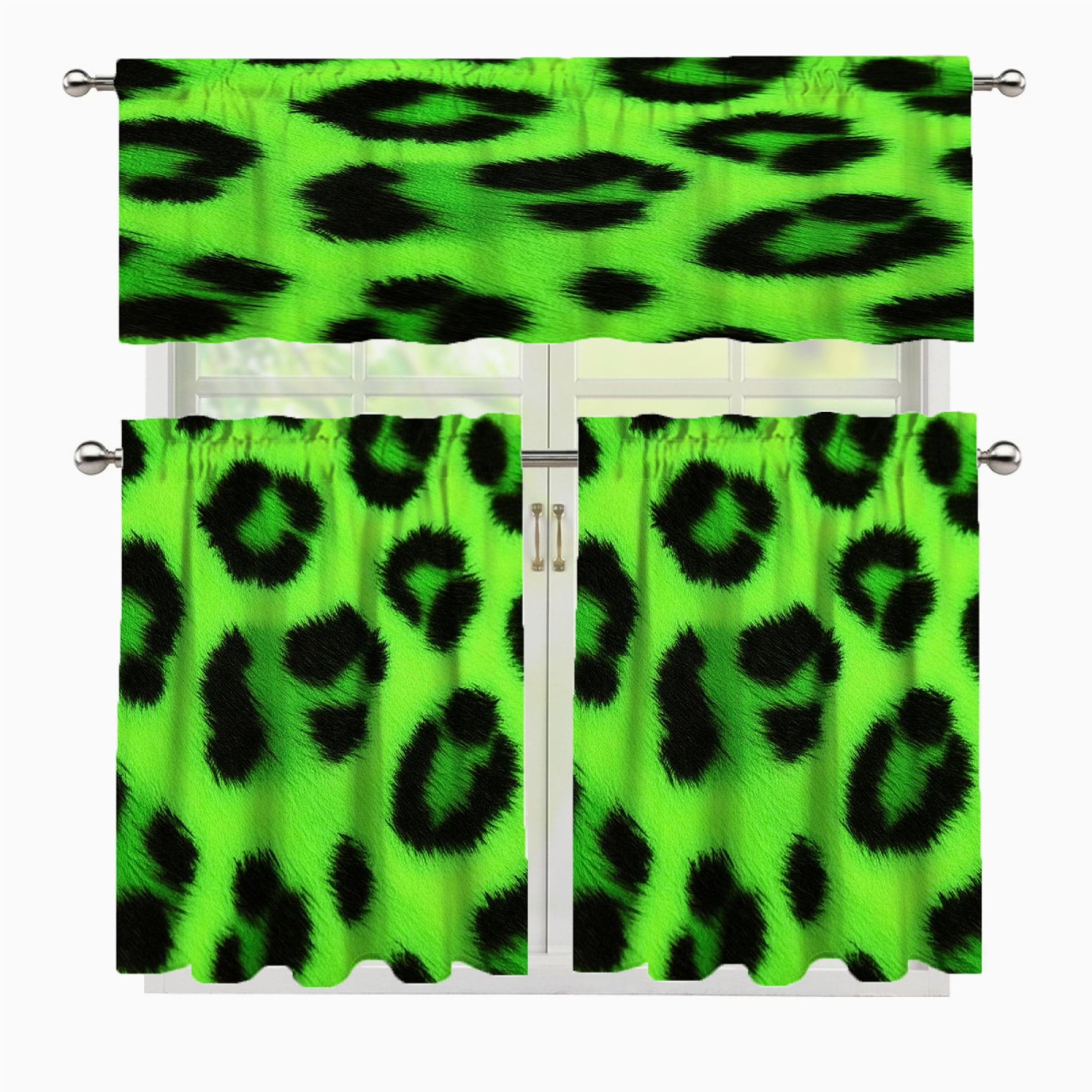 3 Pcs Kitchen Curtains Valance and Tiers Set Neon green leopard print ...