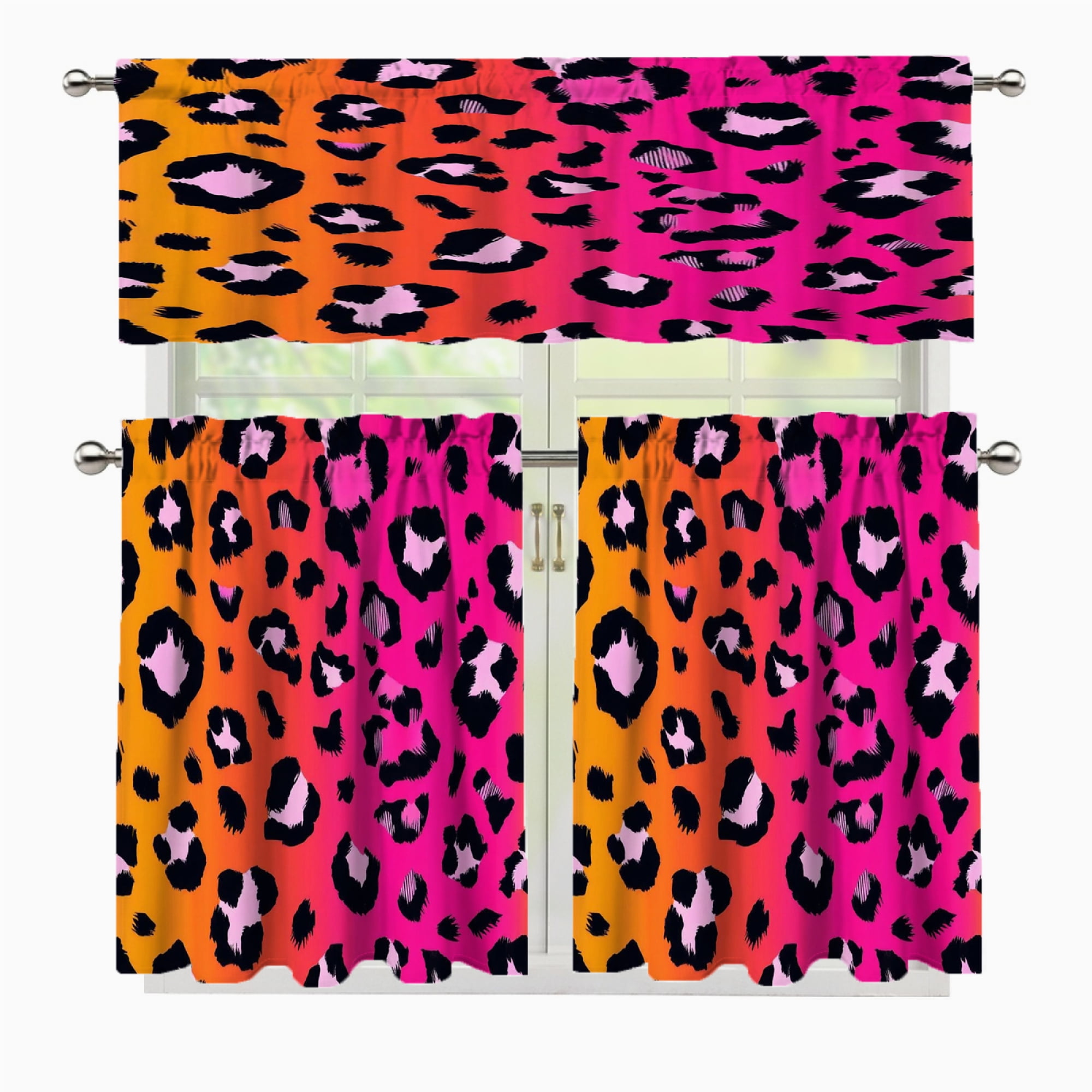 3 Pcs Kitchen Curtains Valance and Tiers Set Neon leopard print ombre ...