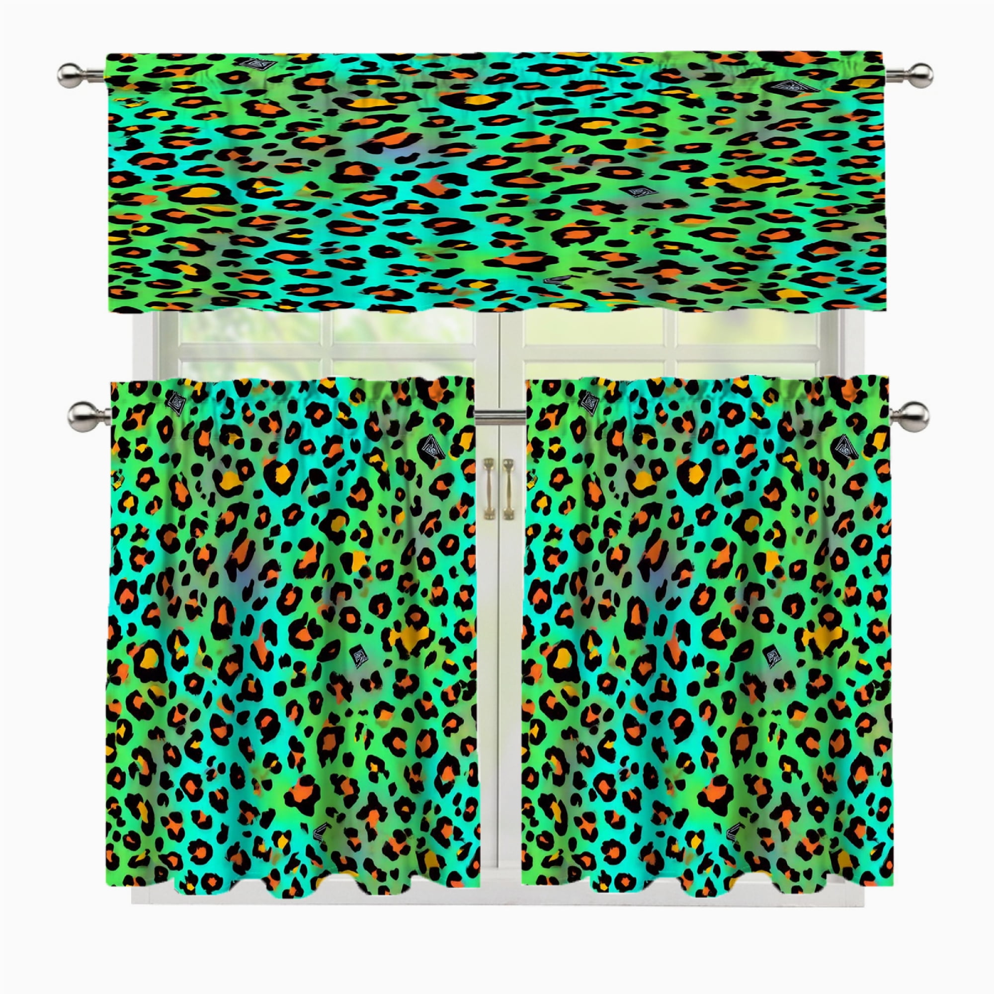 3 Pcs Kitchen Curtains Valance and Tiers Set Neon leopard print vibrant ...