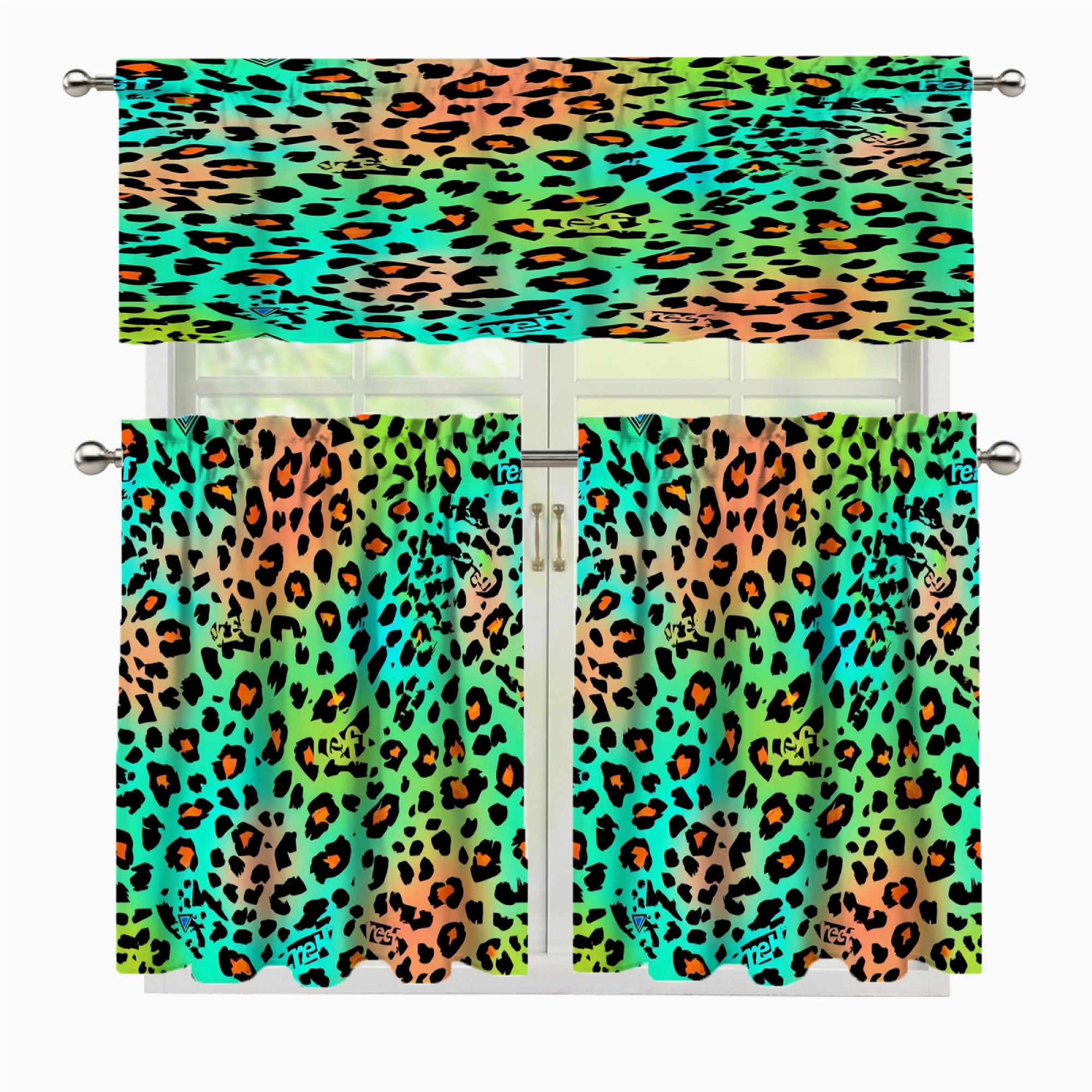 3 Pcs Kitchen Curtains Valance and Tiers Set Neon leopard print vibrant ...