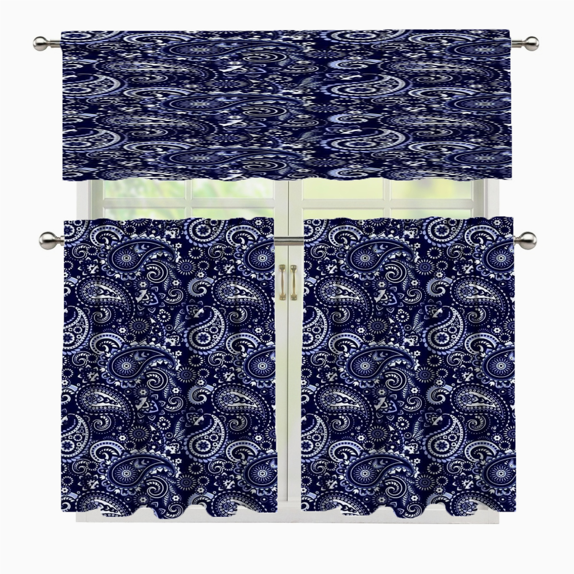 3 Pcs Kitchen Curtains Valance and Tiers Set Paisley pattern blue For ...