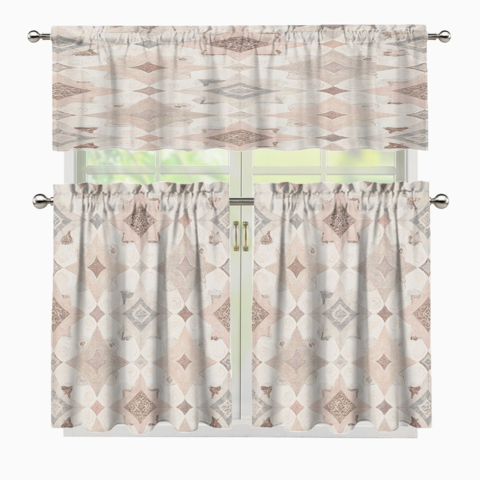 3 Pcs Kitchen Curtains Valance and Tiers Set Pale pink geometric tile ...