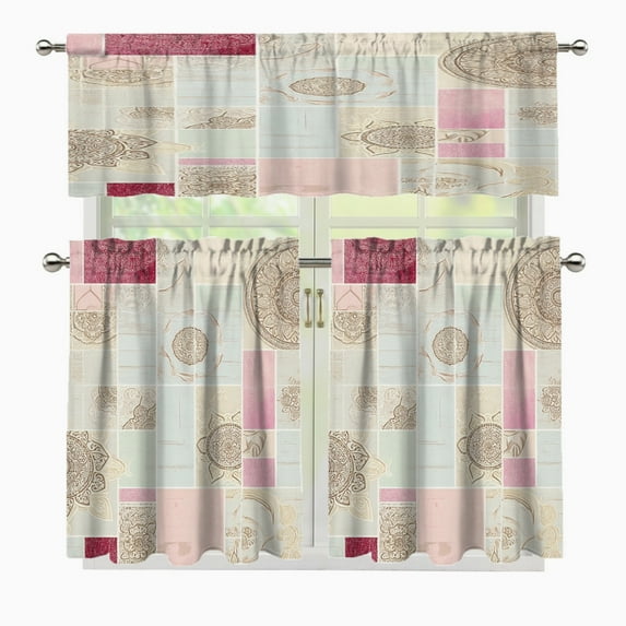 3 Pcs Kitchen Curtains Valance and Tiers Set Pastel mandala tile ...