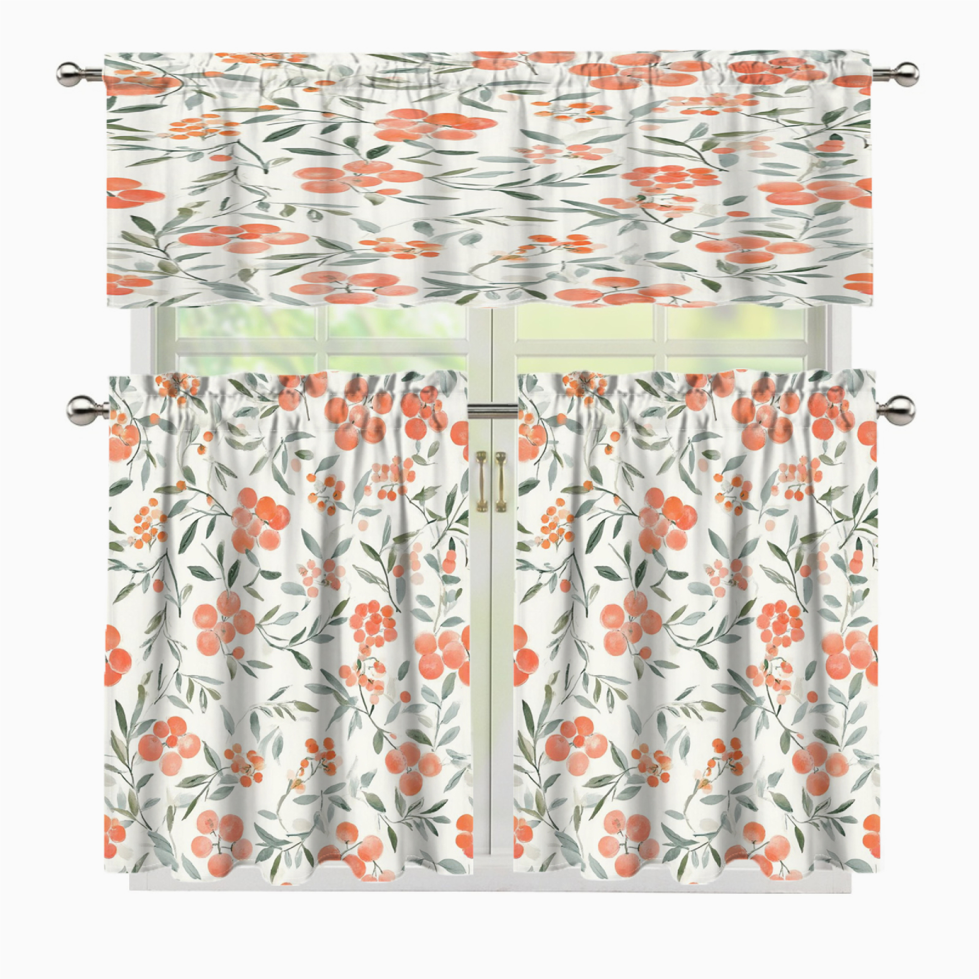 3 Pcs Kitchen Curtains Valance and Tiers Set Peach watercolor floral ...
