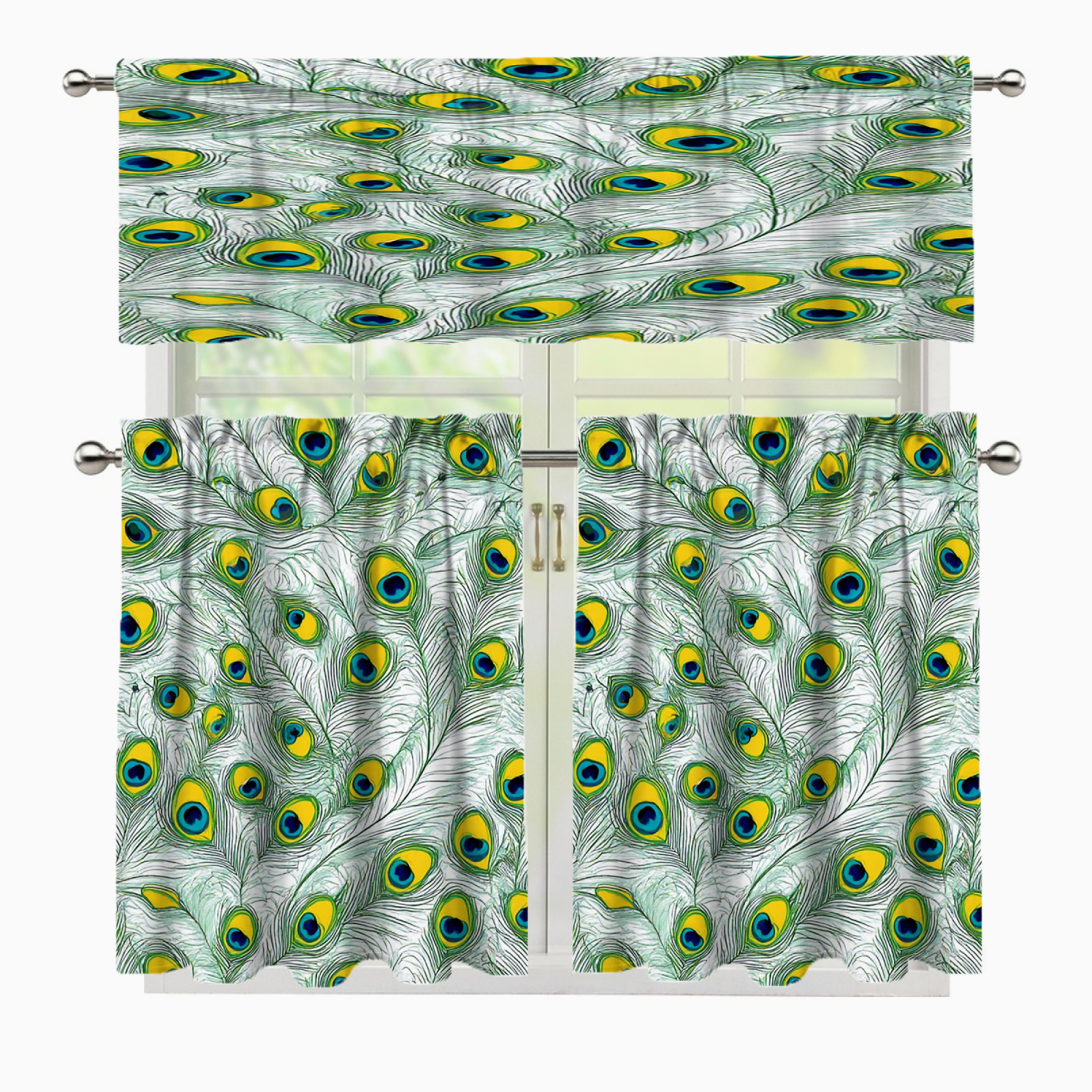 3 Pcs Kitchen Curtains Valance and Tiers Set Peacock feathers colorful ...