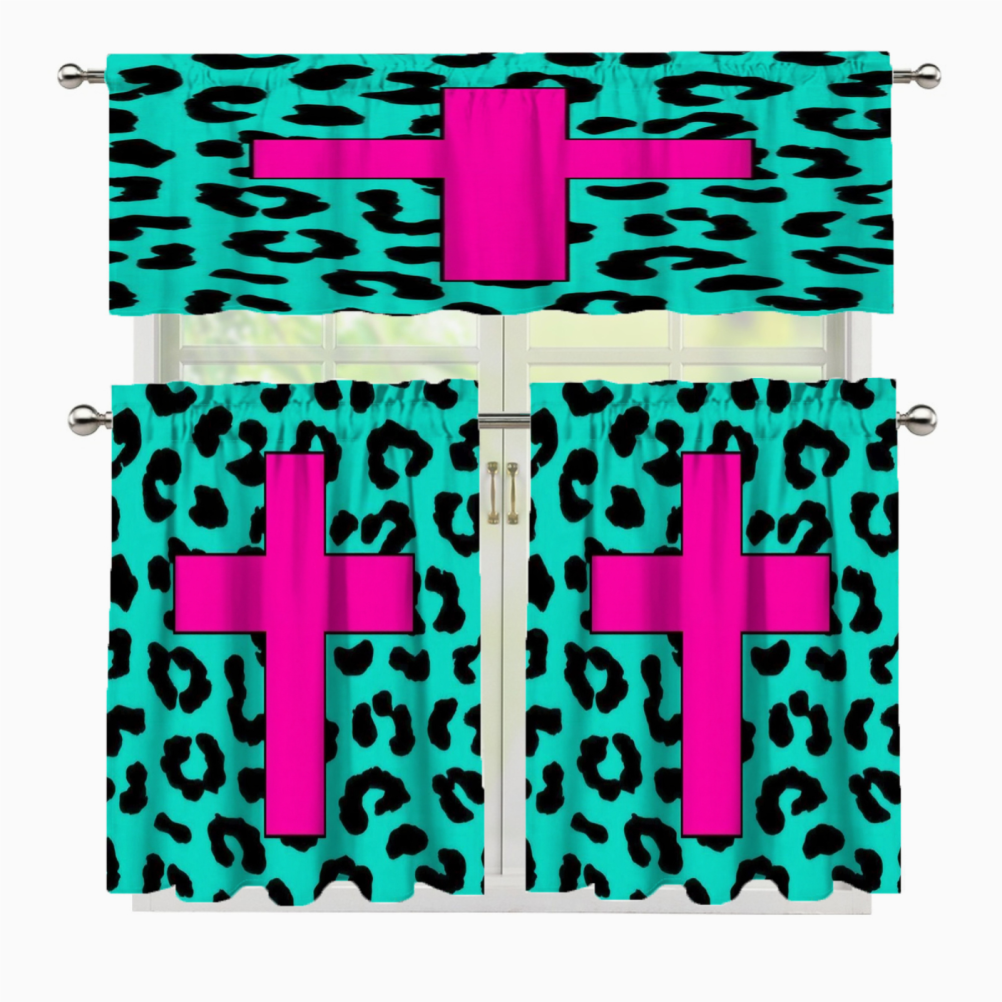 3 Pcs Kitchen Curtains Valance and Tiers Set Pink Cross on Teal Leopard ...