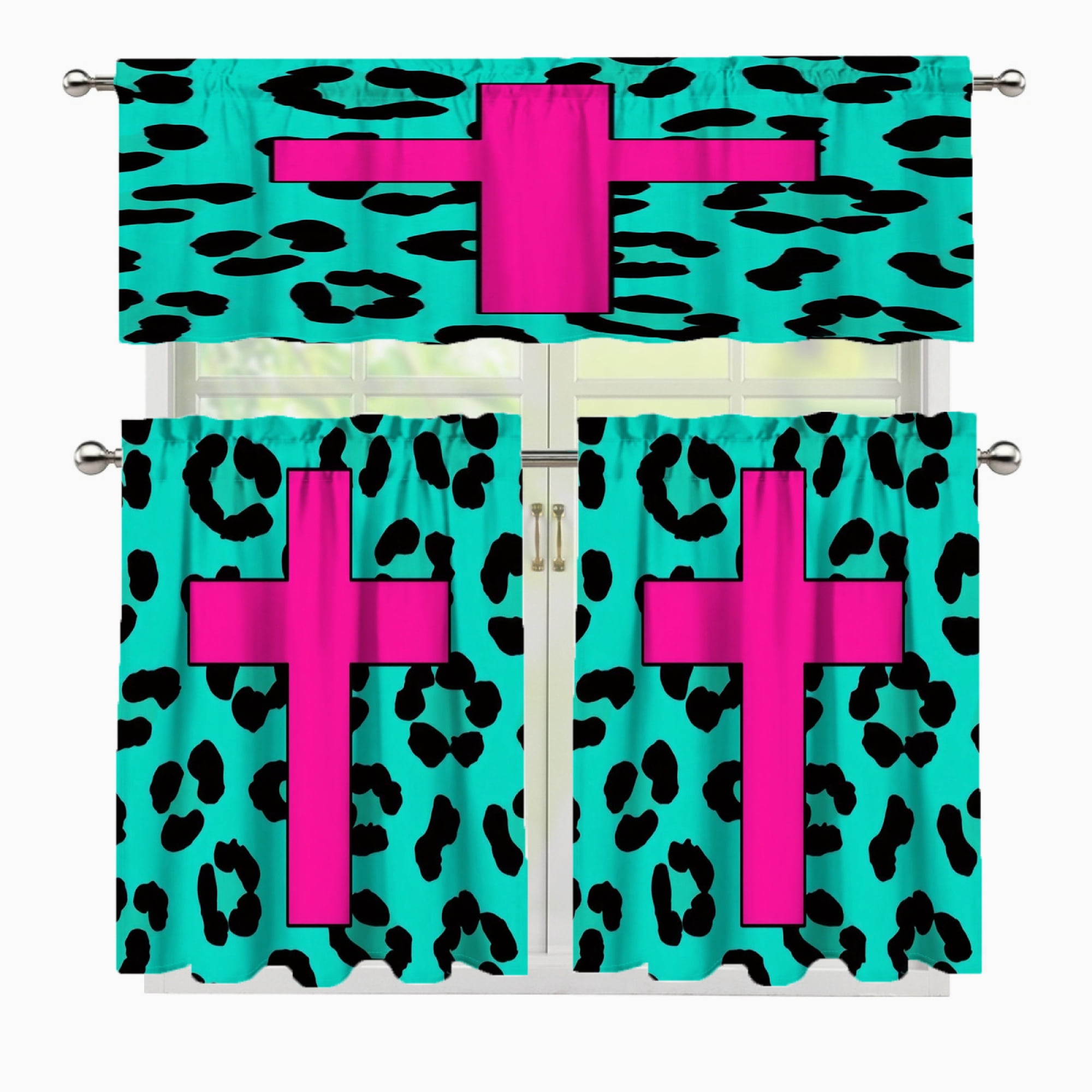 3 Pcs Kitchen Curtains Valance and Tiers Set Pink Cross on Teal Leopard ...