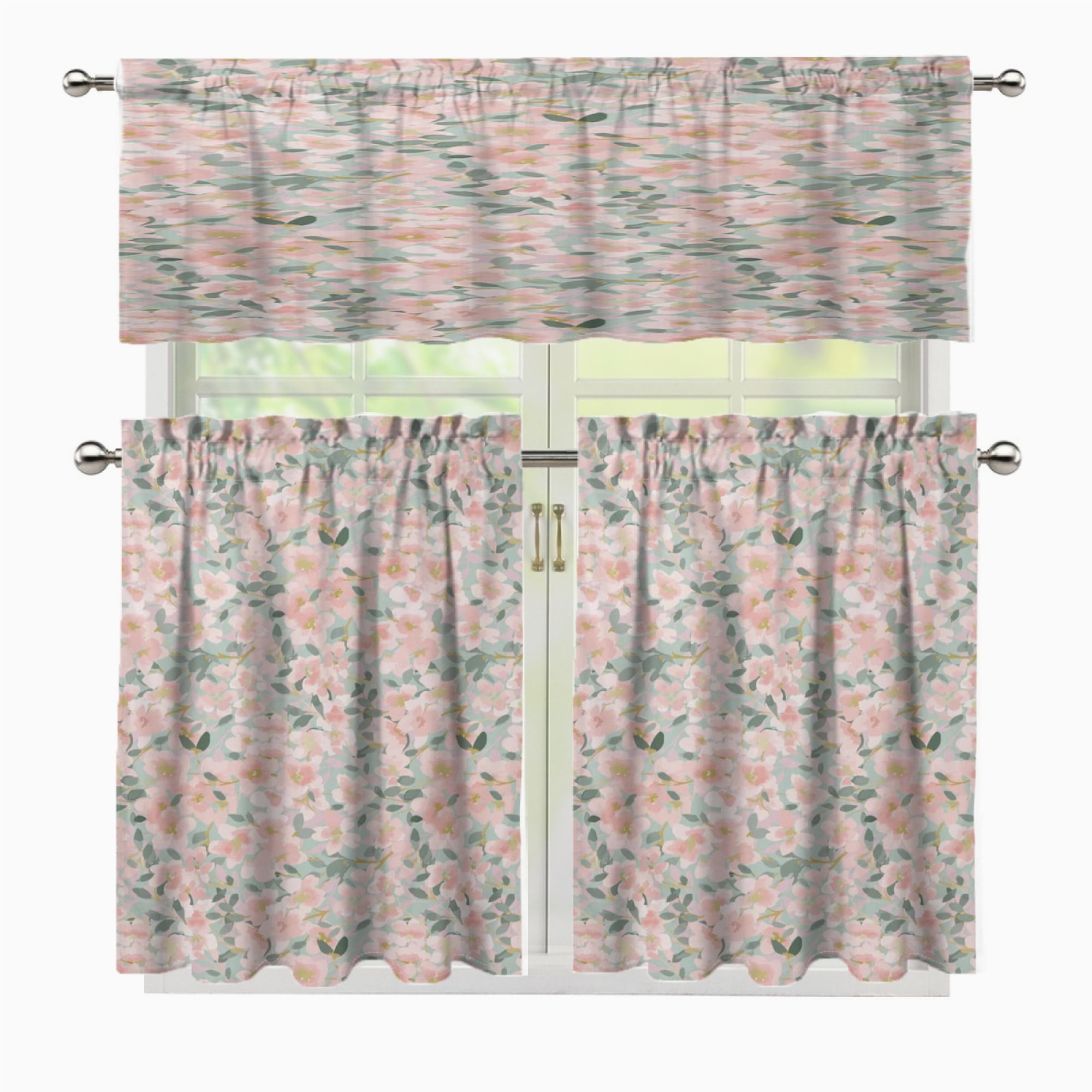 3 Pcs Kitchen Curtains Valance and Tiers Set Pink Flower Cherry ...