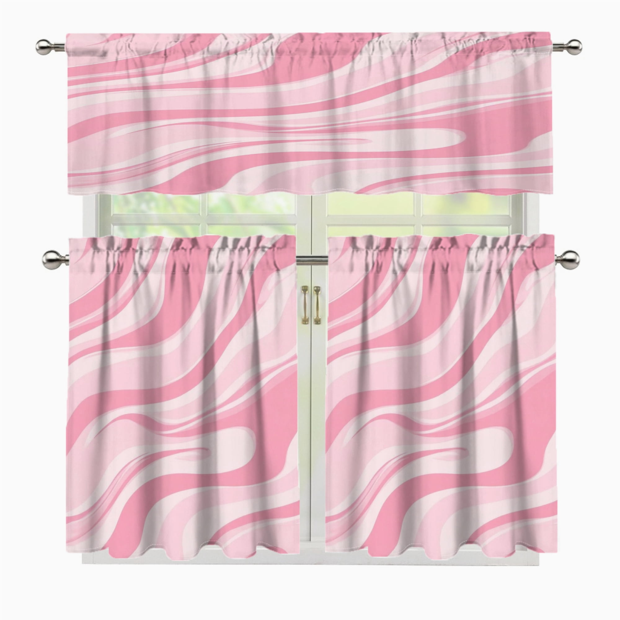 3 Pcs Kitchen Curtains Valance and Tiers Set Pink abstract wavy pattern ...
