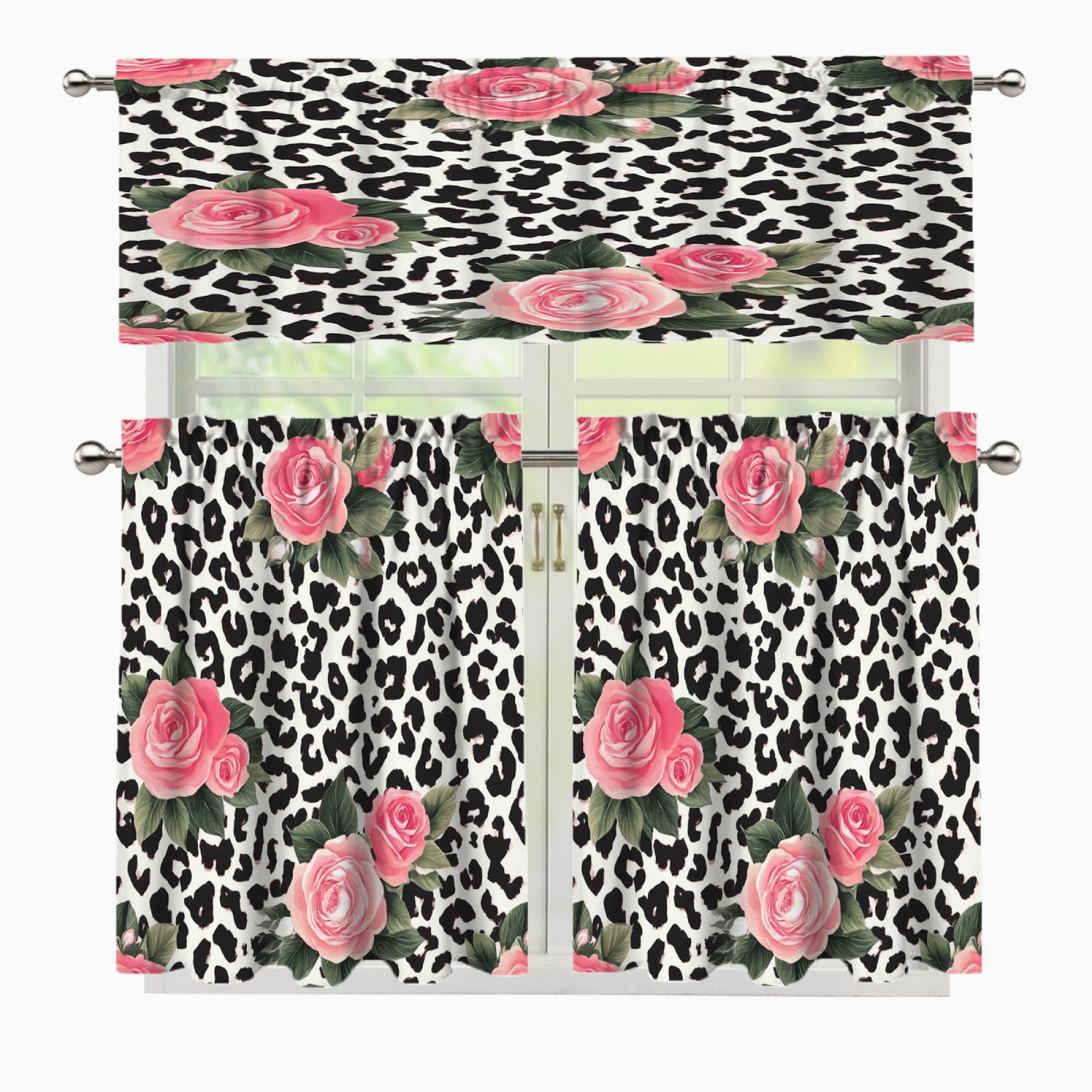 3 Pcs Kitchen Curtains Valance and Tiers Set Pink roses leopard print ...