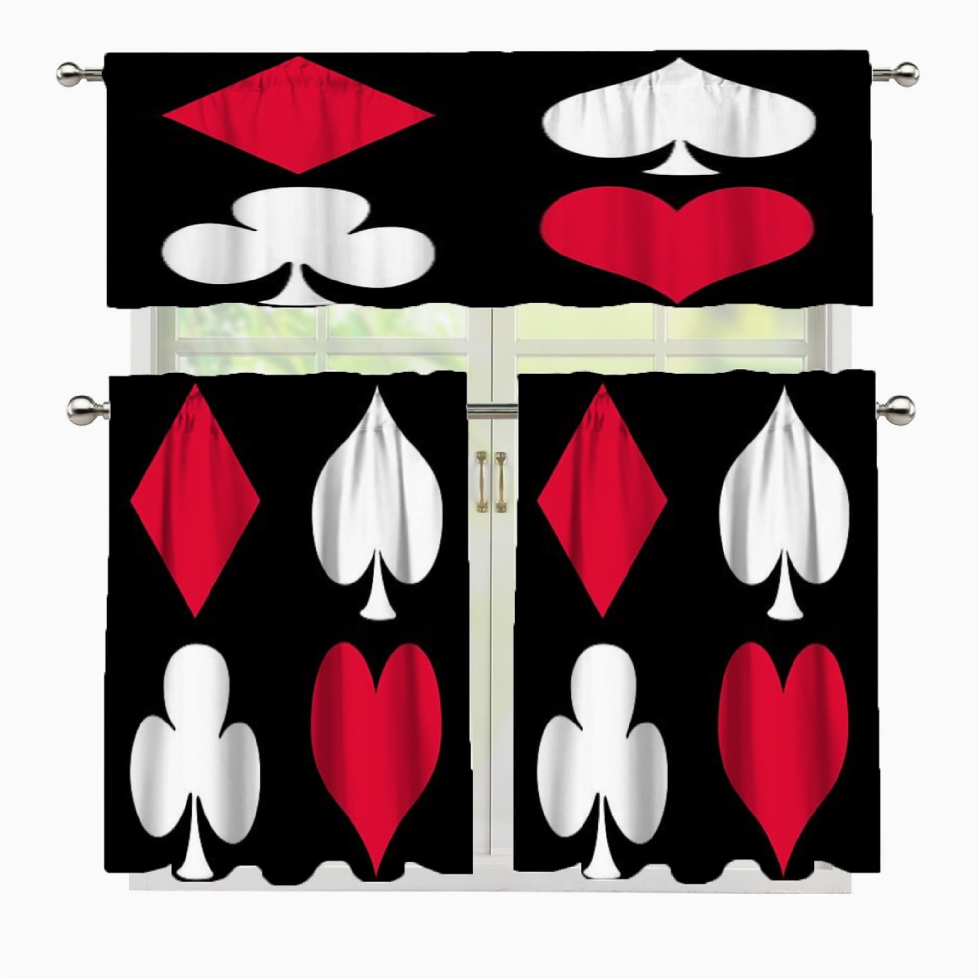 3 Pcs Kitchen Curtains Valance and Tiers Set Playing Card Suits ...