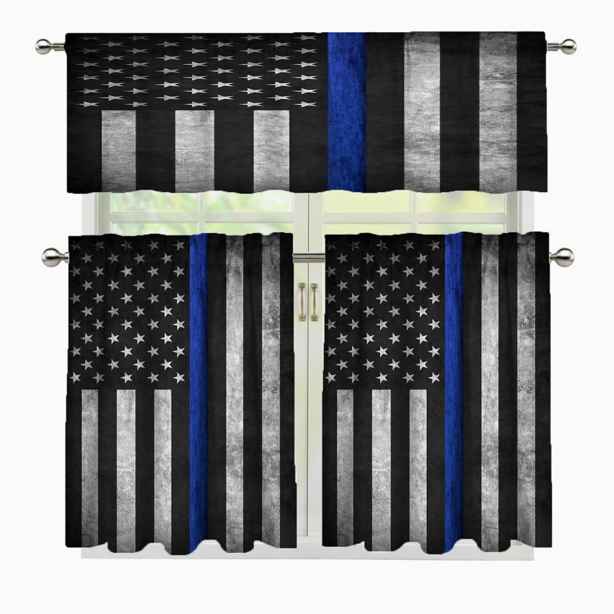 3 Pcs Kitchen Curtains Valance and Tiers Set Police Flag For Cafe ...