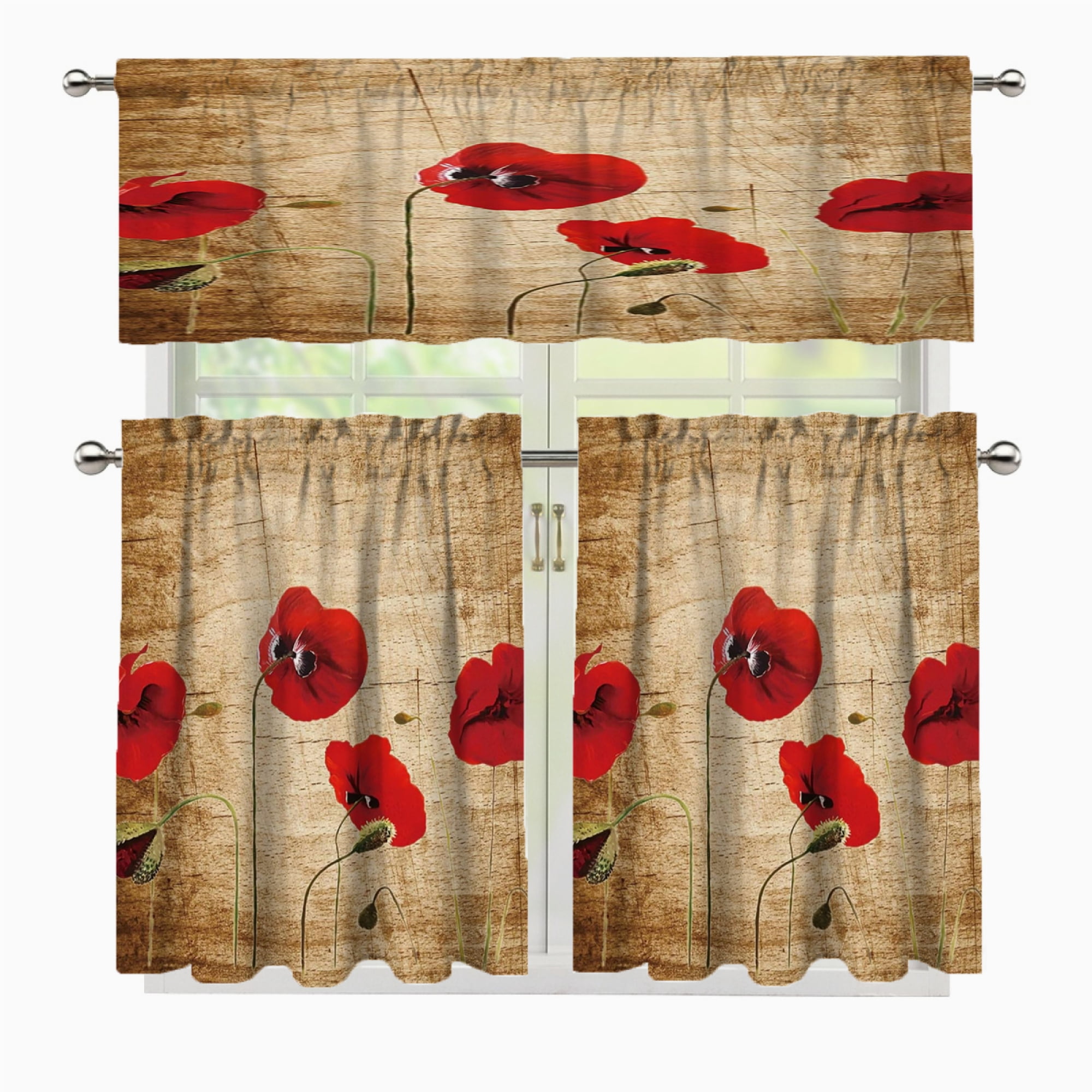 3 Pcs Kitchen Curtains Valance and Tiers Set Poppy Artwork For Cafe ...