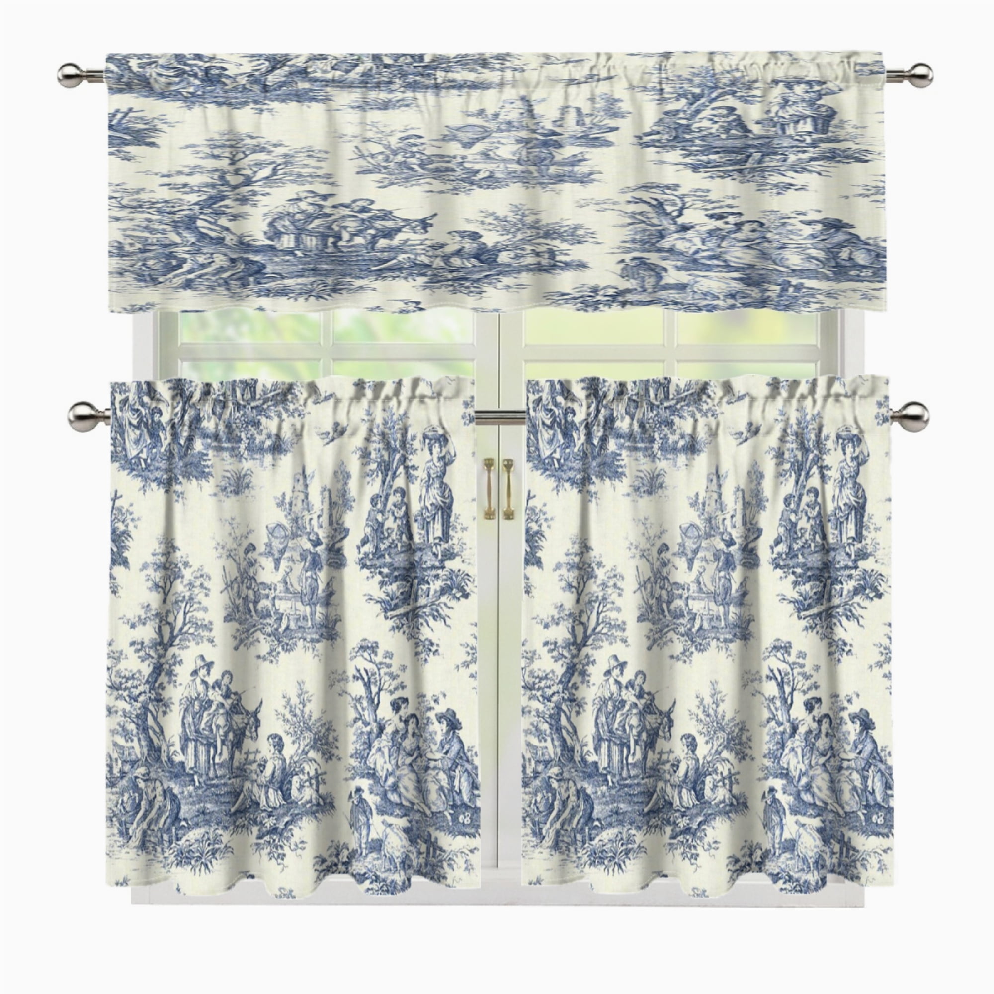3 Pcs Kitchen Curtains Valance and Tiers Set Powder Blue French Toile ...