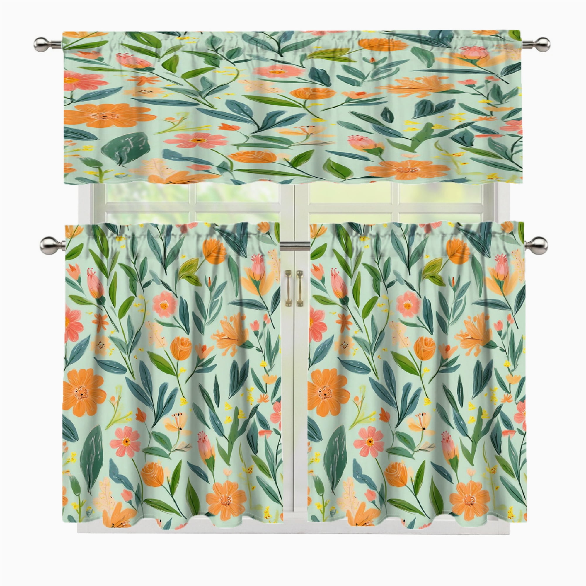 3 Pcs Kitchen Curtains Valance and Tiers Set Pretty pastel floral green ...