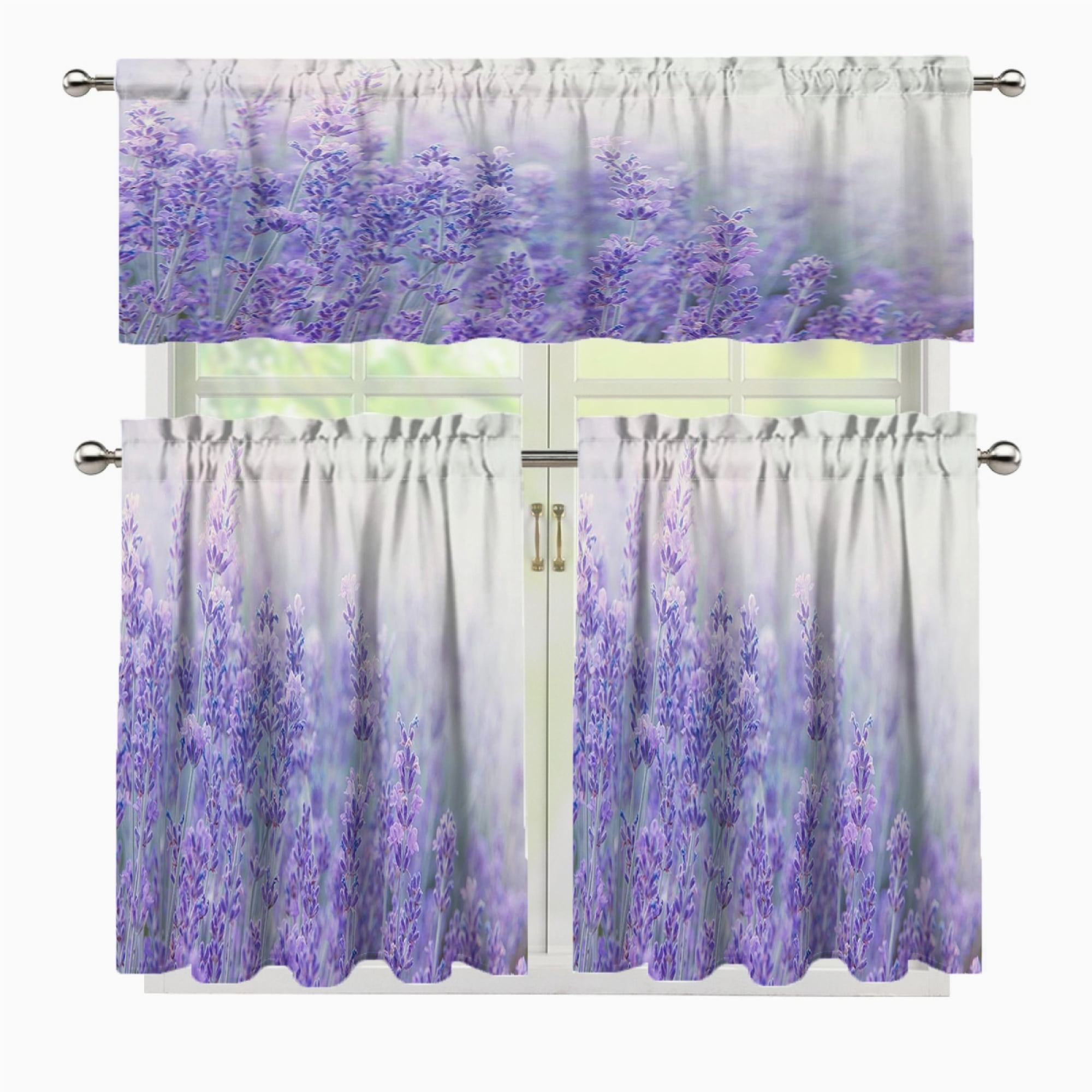 3 Pcs Kitchen Curtains Valance and Tiers Set Purple Lavender For Cafe ...