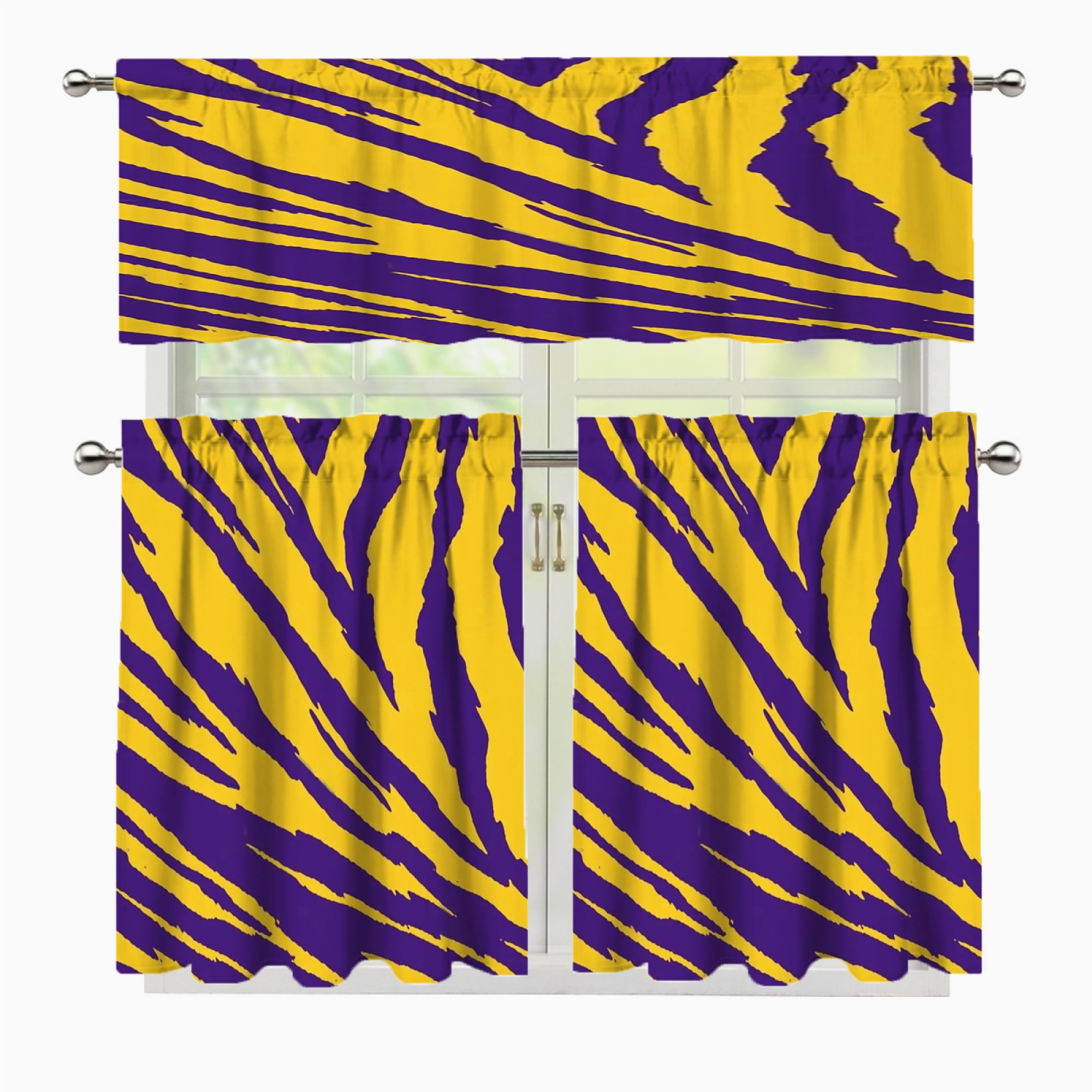 3 Pcs Kitchen Curtains Valance and Tiers Set Purple and Gold Tailgate ...