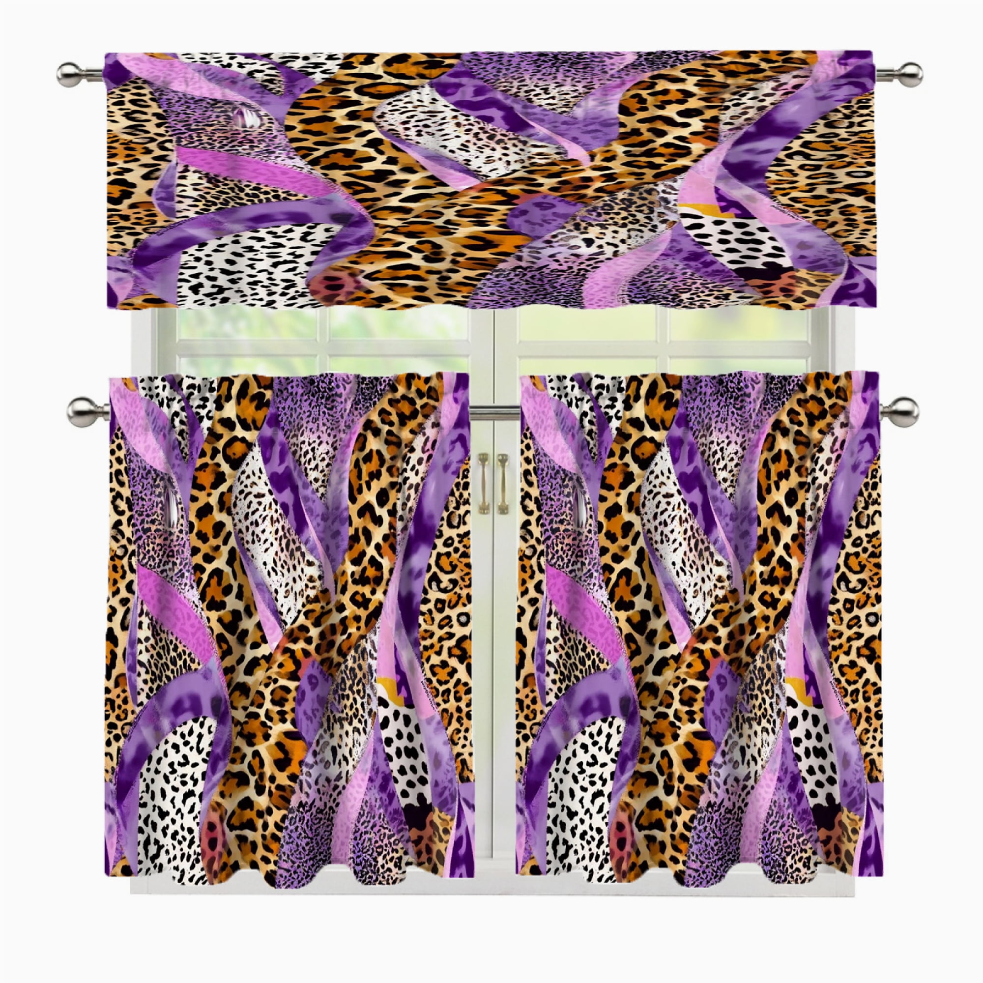 3 Pcs Kitchen Curtains Valance and Tiers Set Purple leopard print ...