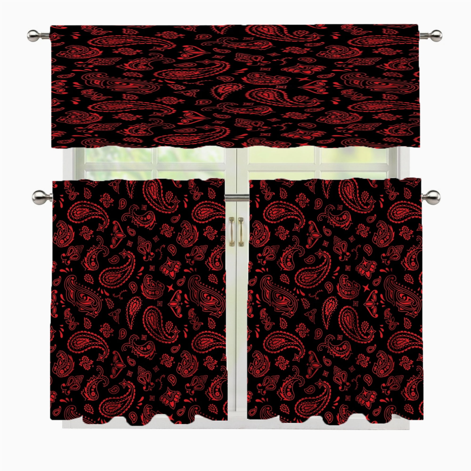 3 Pcs Kitchen Curtains Valance and Tiers Set RED PAISLEY Velvet Edition ...