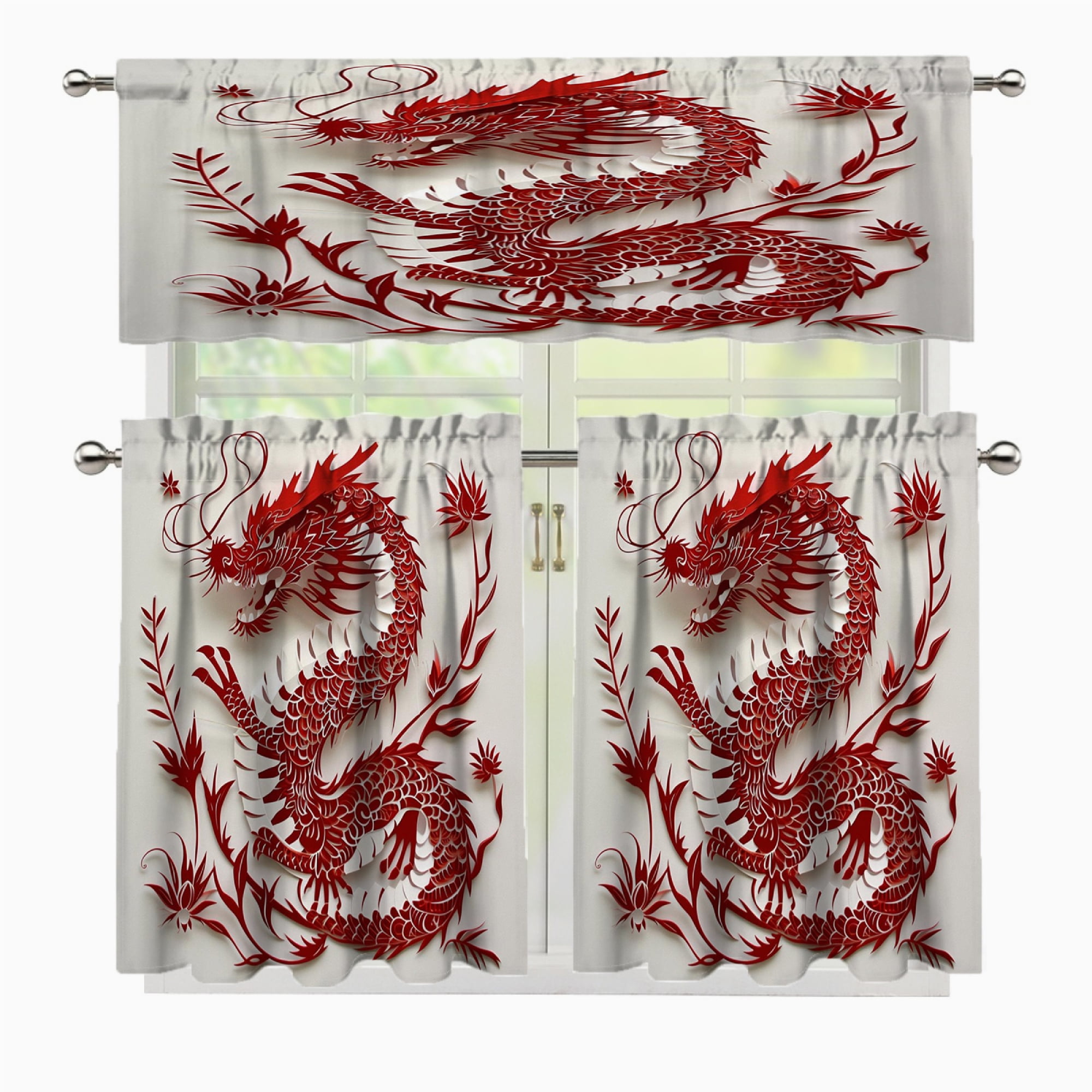 3 Pcs Kitchen Curtains Valance and Tiers Set Red Paper Cut Dragon Art ...
