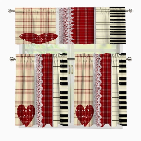 3 Pcs Kitchen Curtains Valance and Tiers Set Red Plaid with Lace and ...