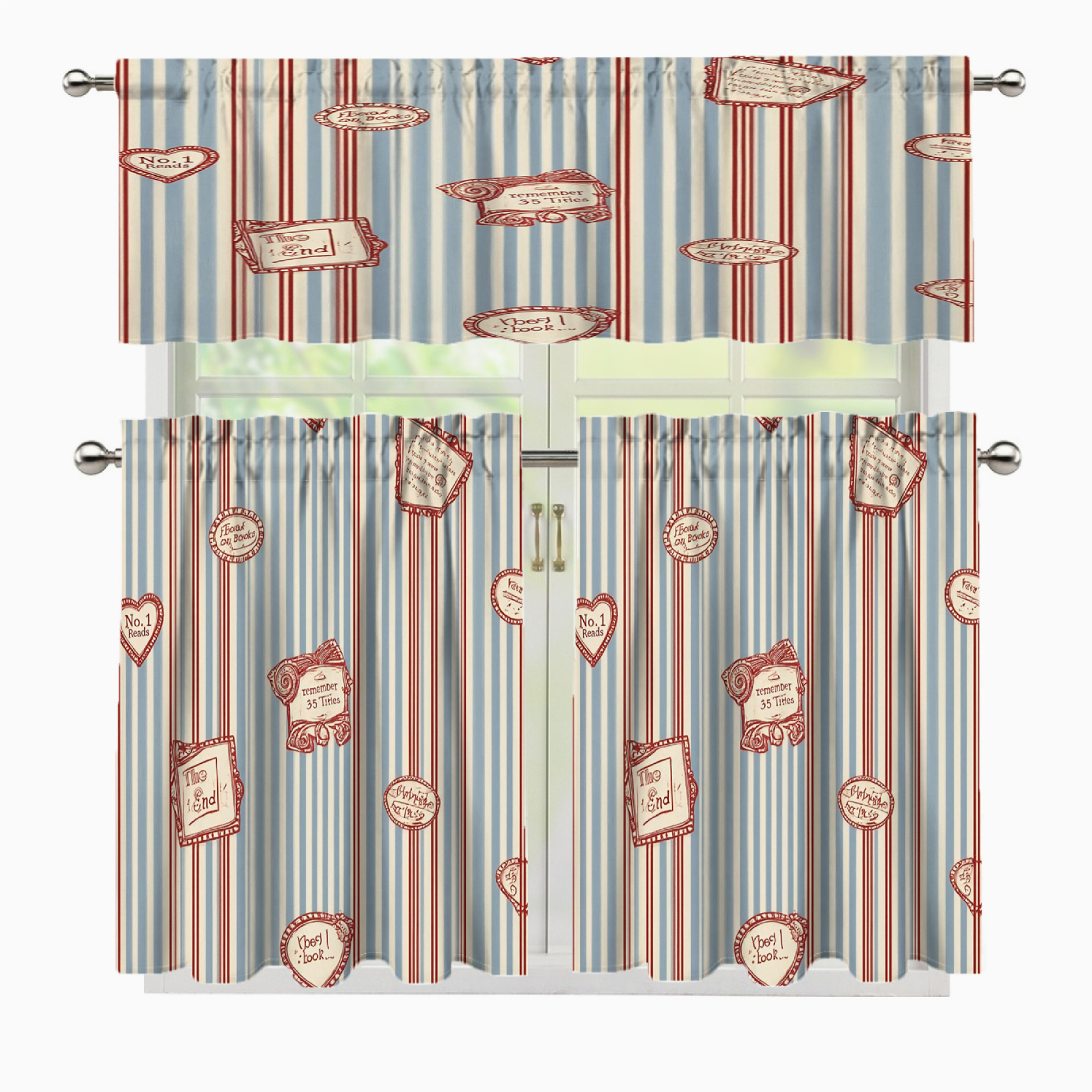 3 Pcs Kitchen Curtains Valance and Tiers Set Red Stripes with Book ...