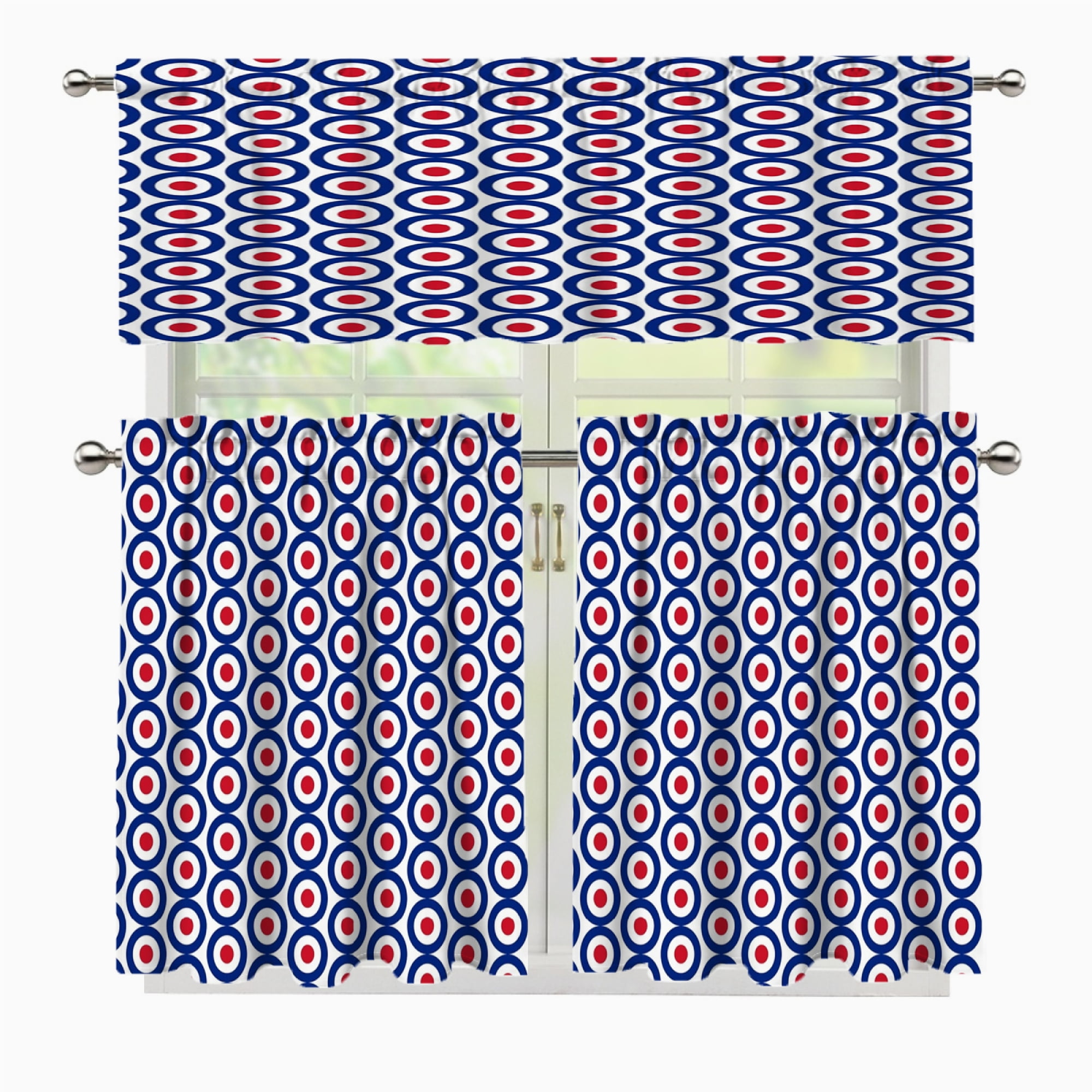 3 Pcs Kitchen Curtains Valance and Tiers Set Red White Blue Round For ...