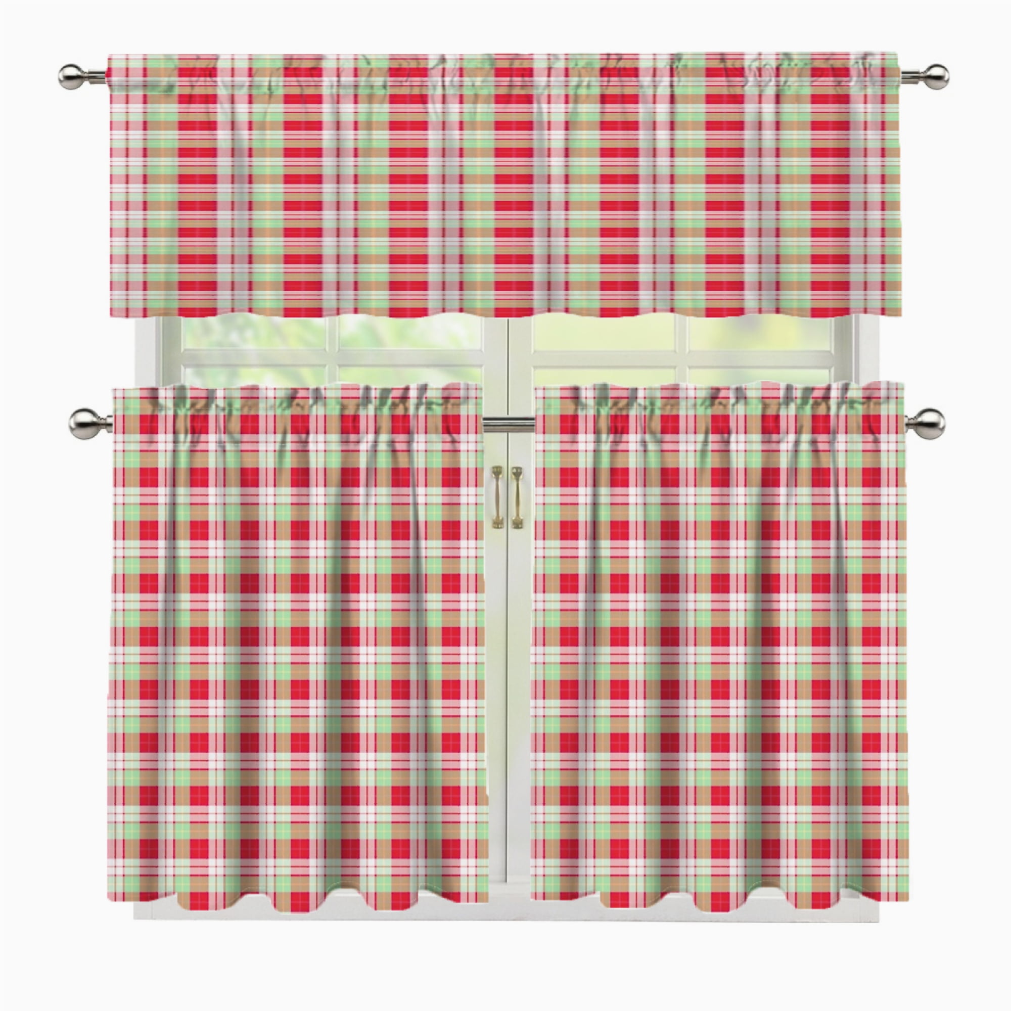 3 Pcs Kitchen Curtains Valance and Tiers Set Red and green grid For ...