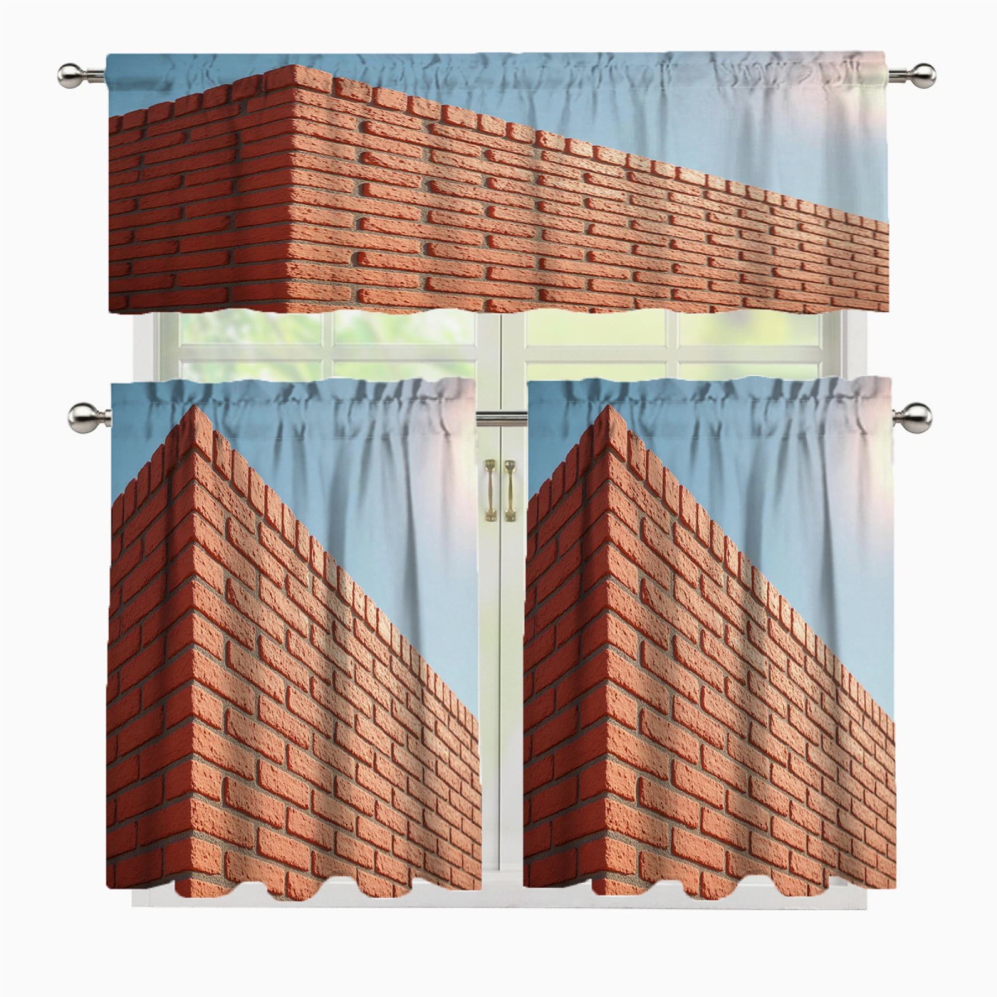 3 Pcs Kitchen Curtains Valance and Tiers Set Red brick wall, Brick ...