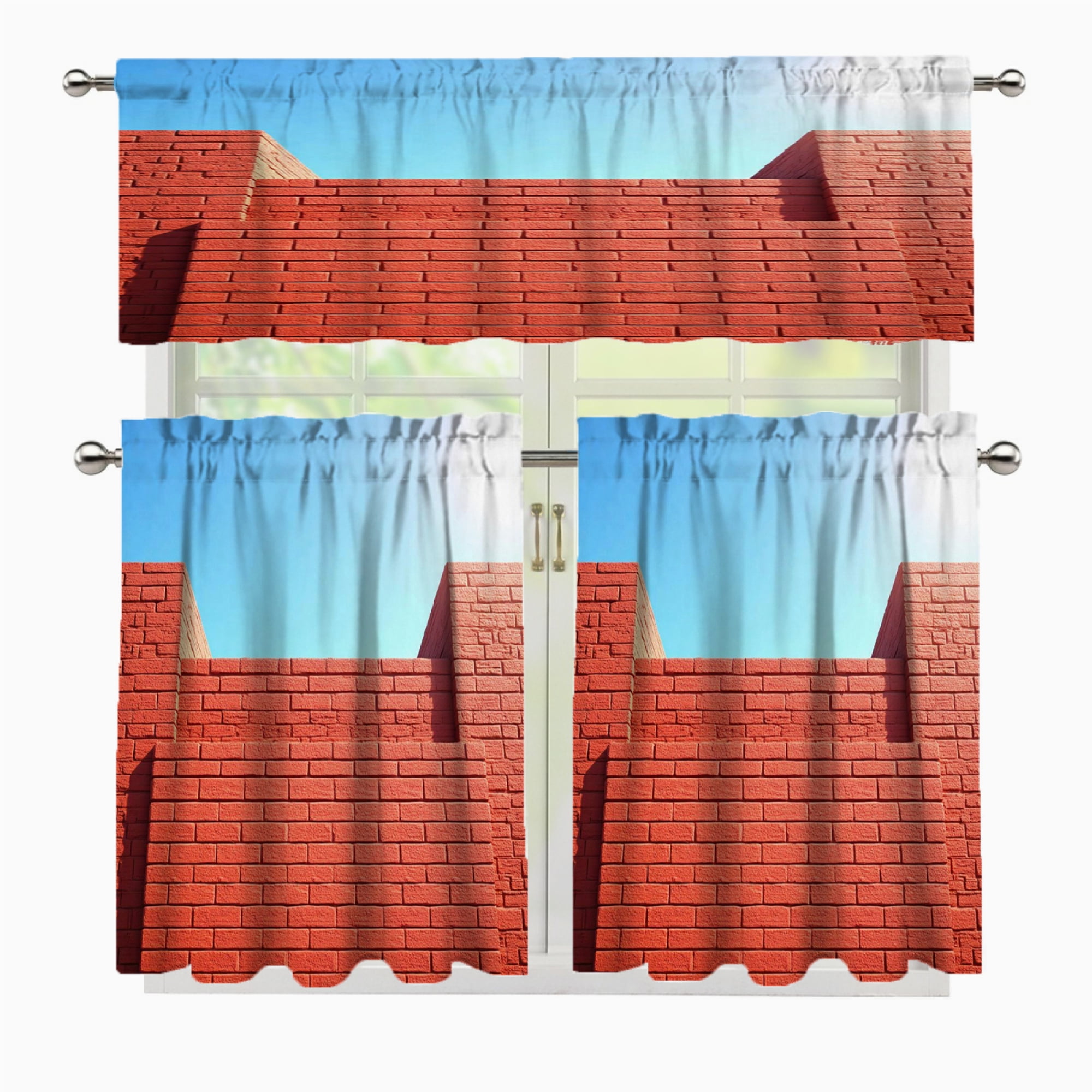 3 Pcs Kitchen Curtains Valance and Tiers Set Red brick wall For Cafe ...