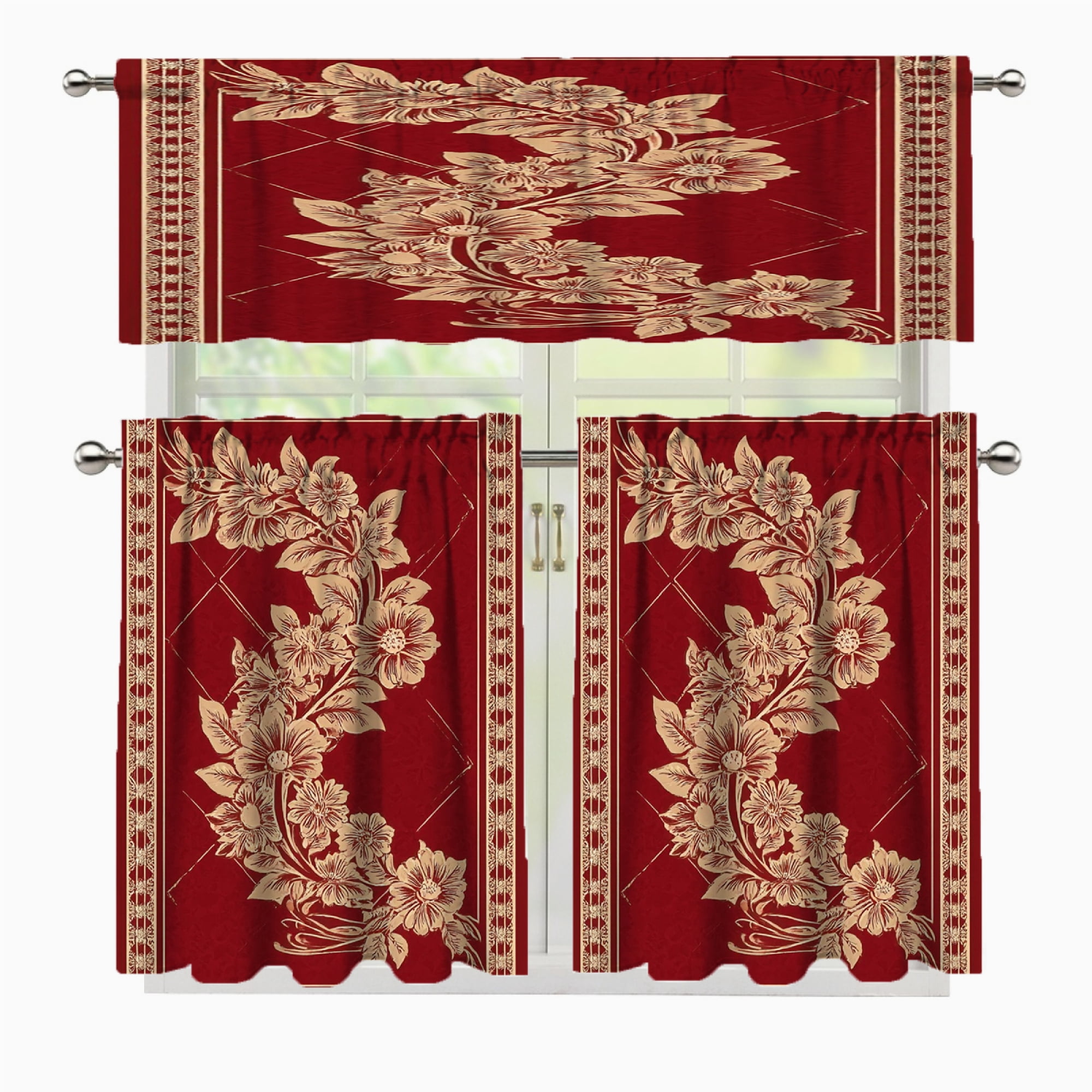 3 Pcs Kitchen Curtains Valance and Tiers Set Red gold floral ornate ...